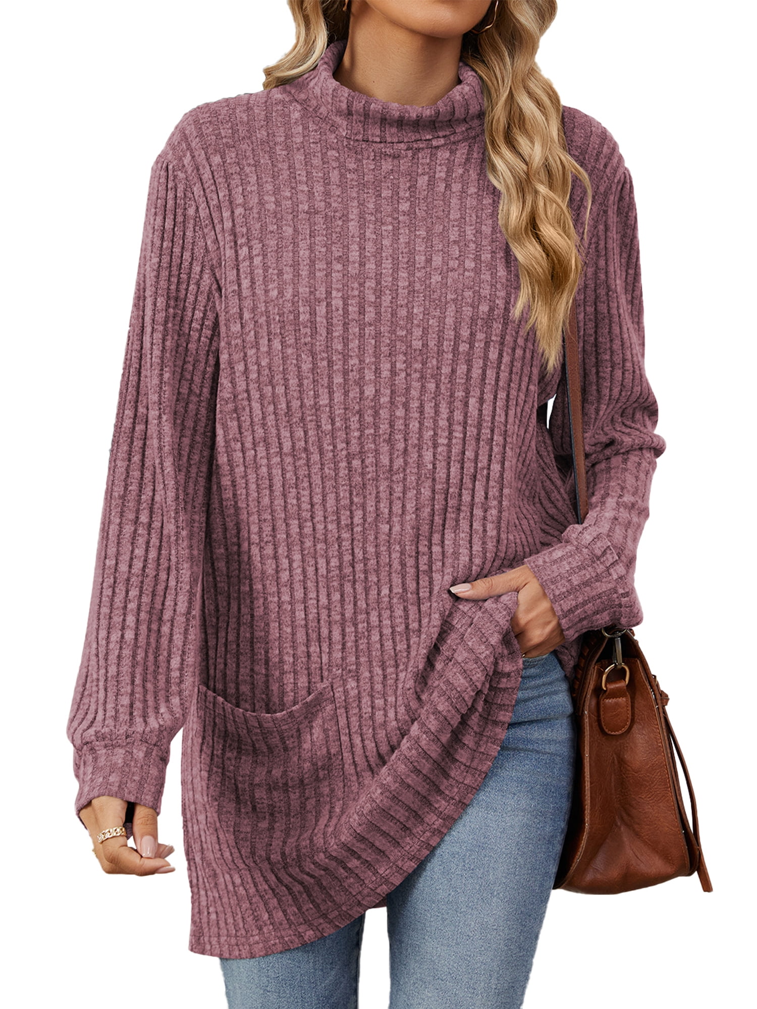 TEMOFON Women Long Sleeve Pullovers Casual Turtleneck Tops Comfy Fall ...