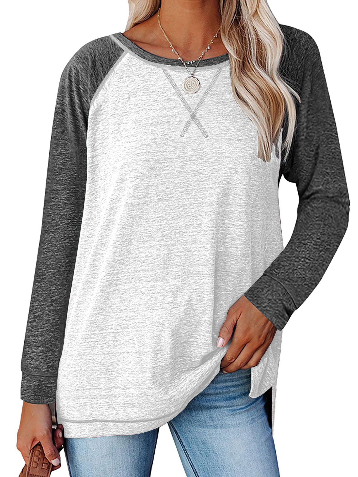 TEMOFON Women Long Sleeve Tops Casual Fall T Shirts Round Neck Color ...