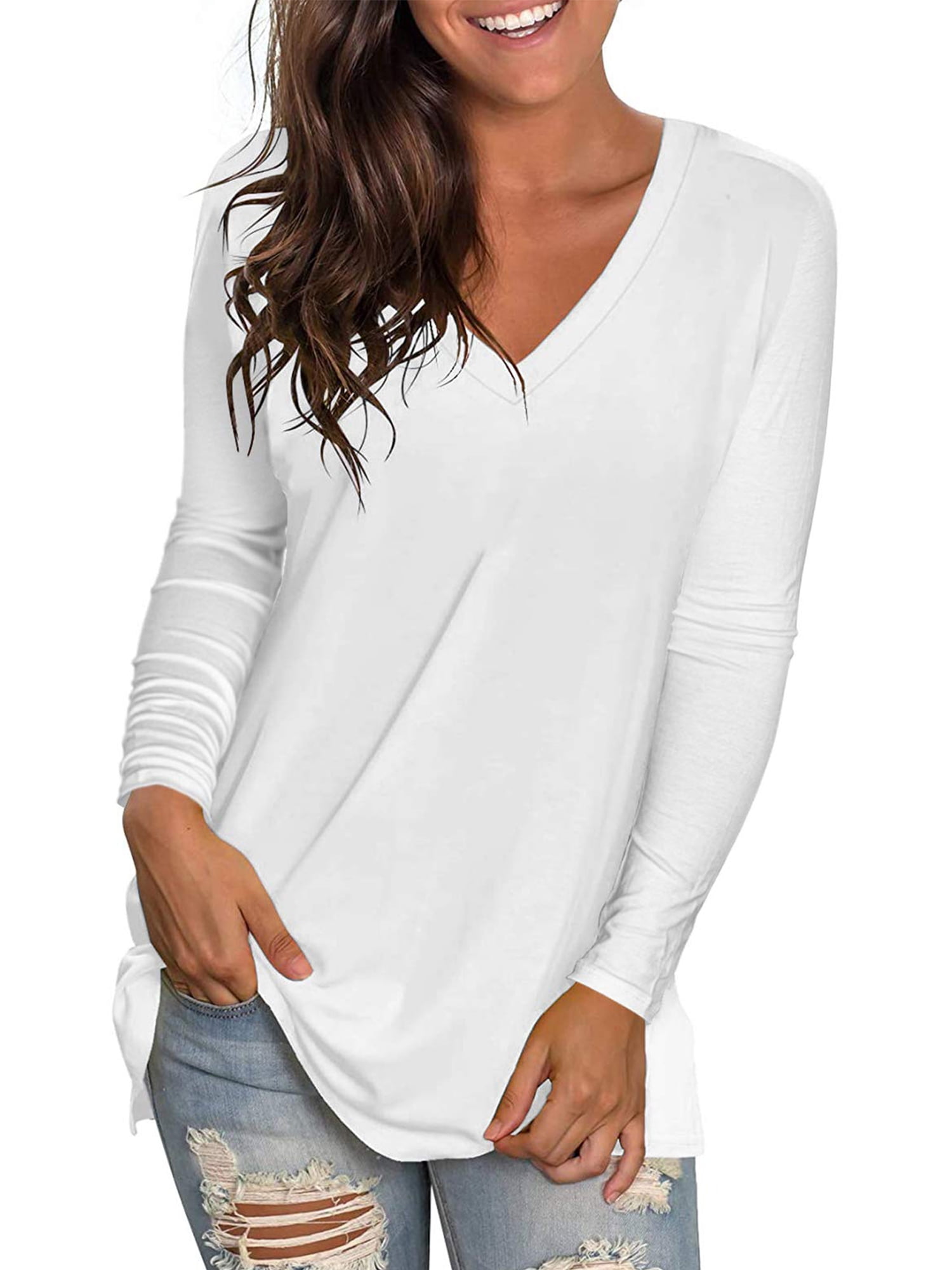 TEMOFON Women's V Neck Long Sleeve Tops, Casual Solid Color Tunic ...