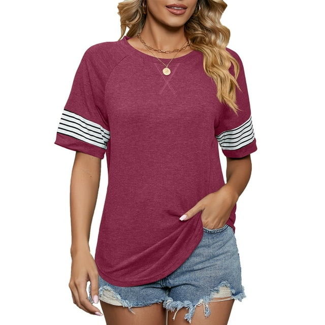 TEMOFON Women Shirts Summer Loose Casual Tops Short Sleeve Striped T ...