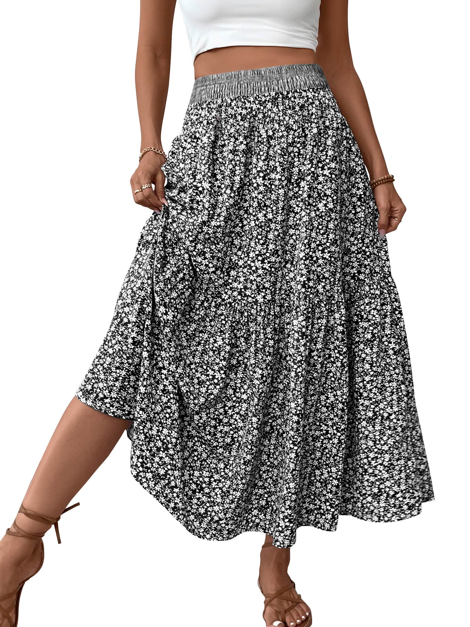 TEMOFON Women Skirts Long High Waist Ladies Elasticized Summer A Line ...