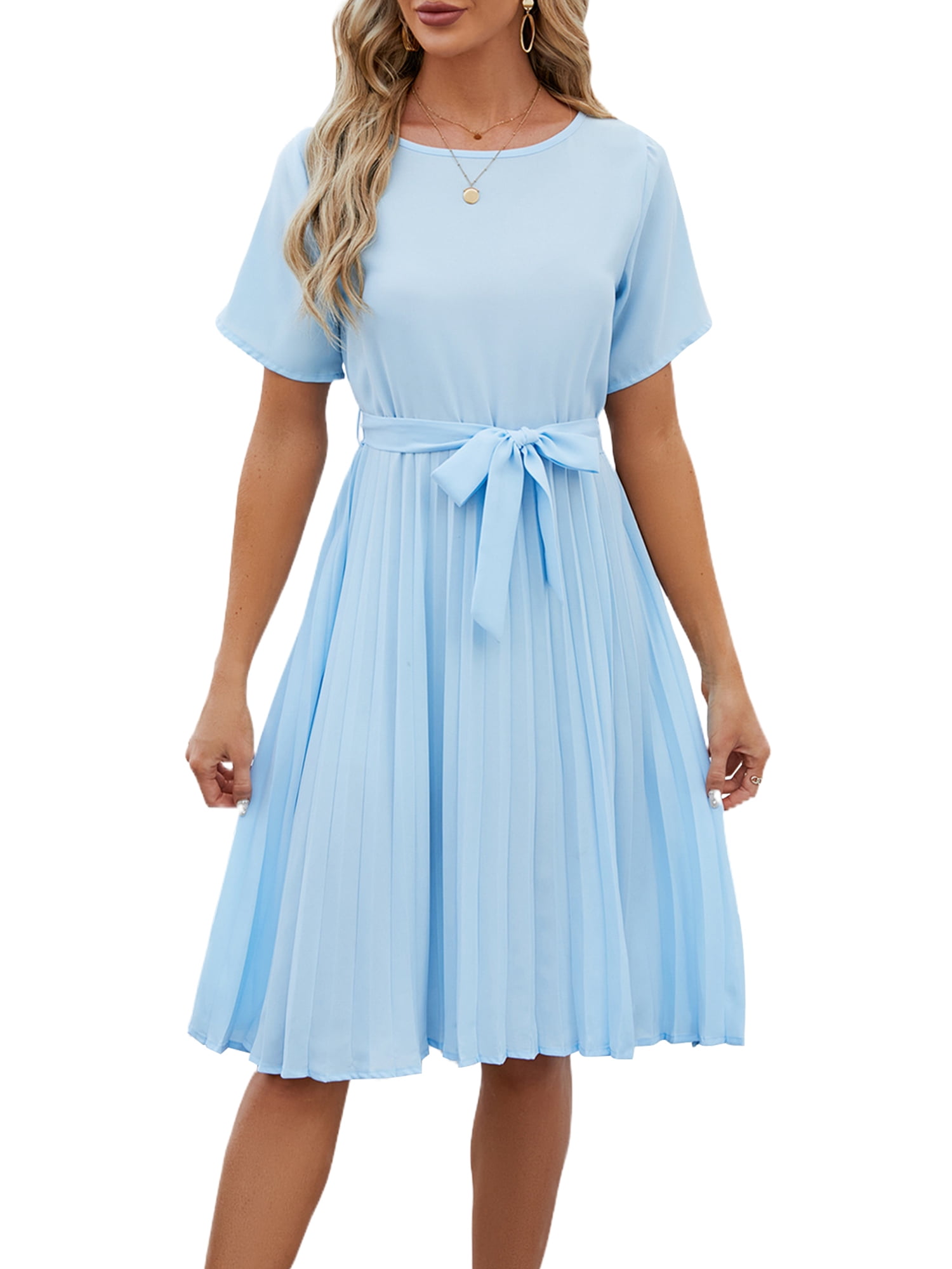 TEMOFON Women Summer Dresses Short Sleeve Crewneck Solid Flare Midi ...