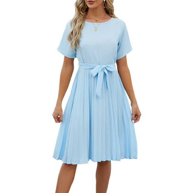 TEMOFON Women Summer Dresses Short Sleeve Crewneck Solid Flare Midi ...