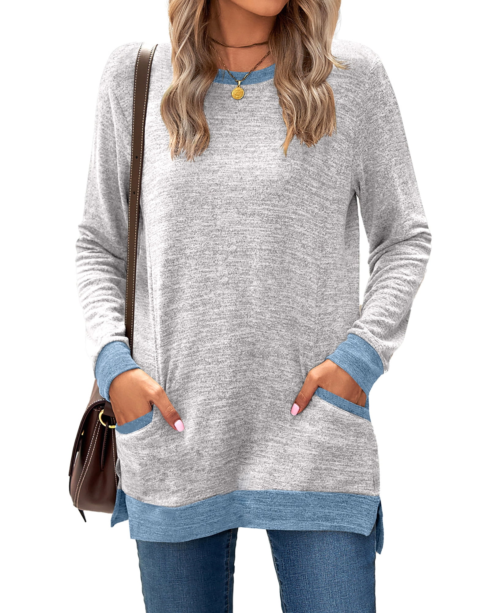 TEMOFON Women Sweatshirts Long Sleeve Tunic Tops Comfy Crewneck Side ...