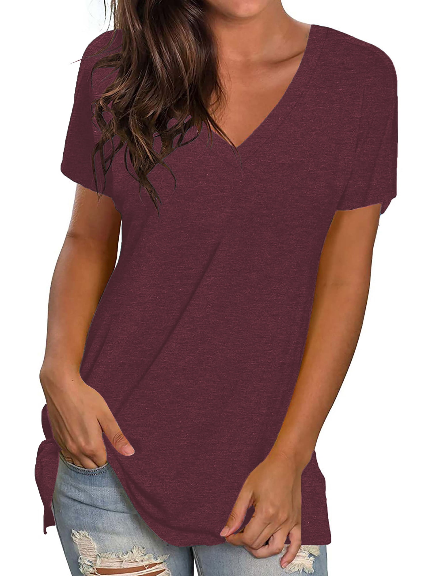 Temofon Women Summer Tops, V Neck Short Sleeve Tunic Blouses, Casual ...