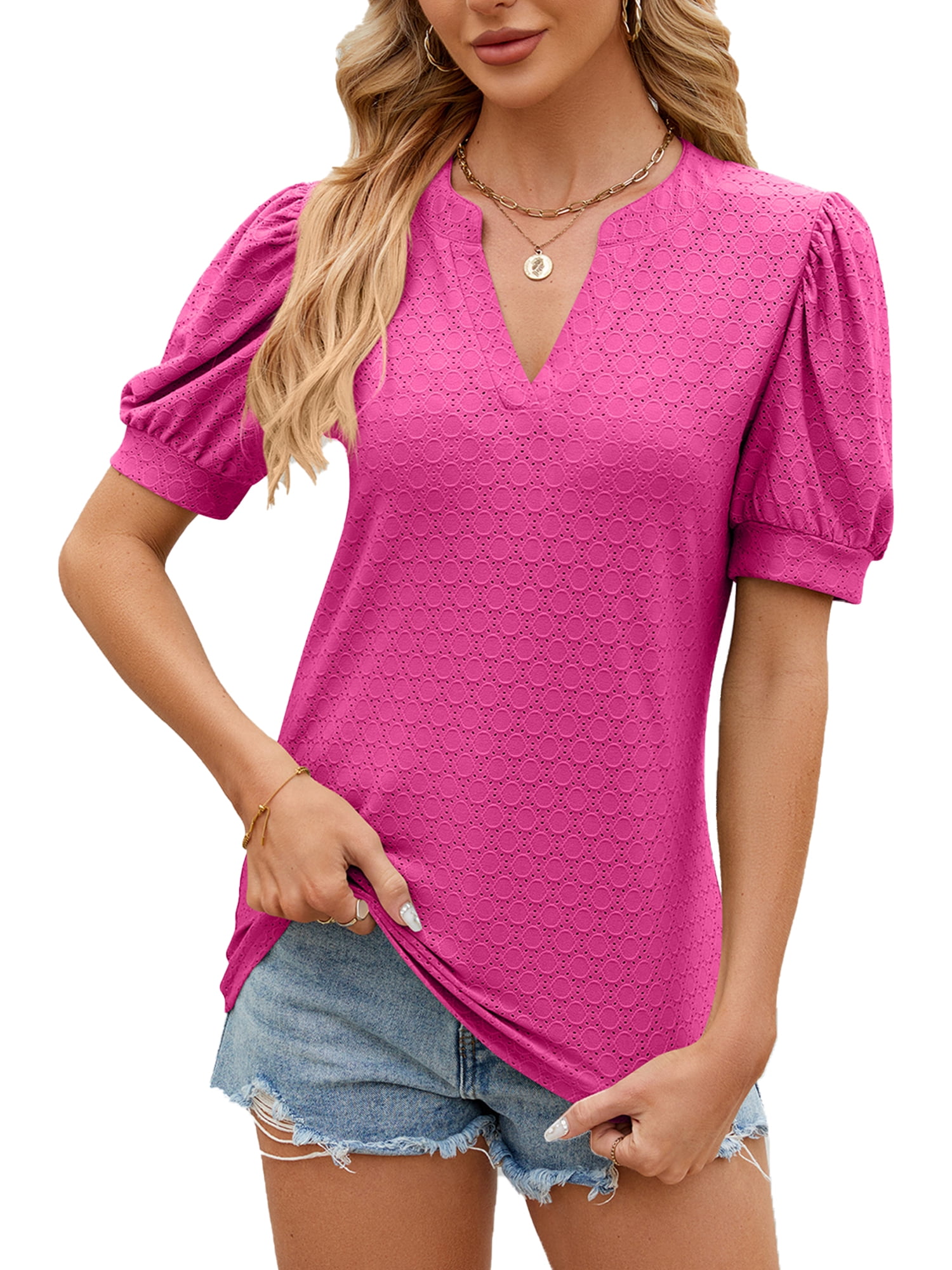TEMOFON Women Tops Fashion Puff Short Sleeve Blouses Casual Summer V ...