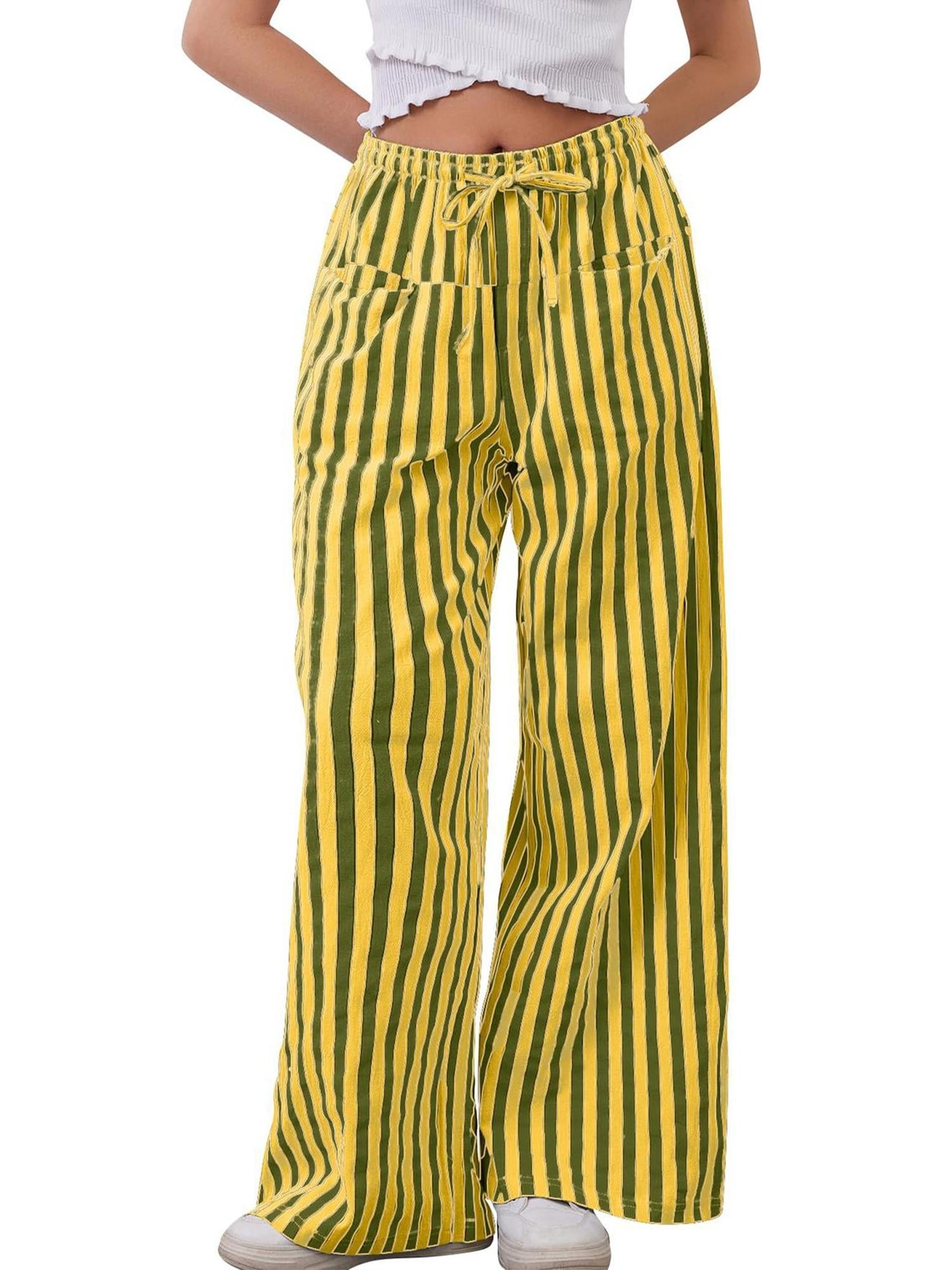 TEMOFON Women High Waist Pants Casual Wide Leg Palazzo Striped Lounge ...