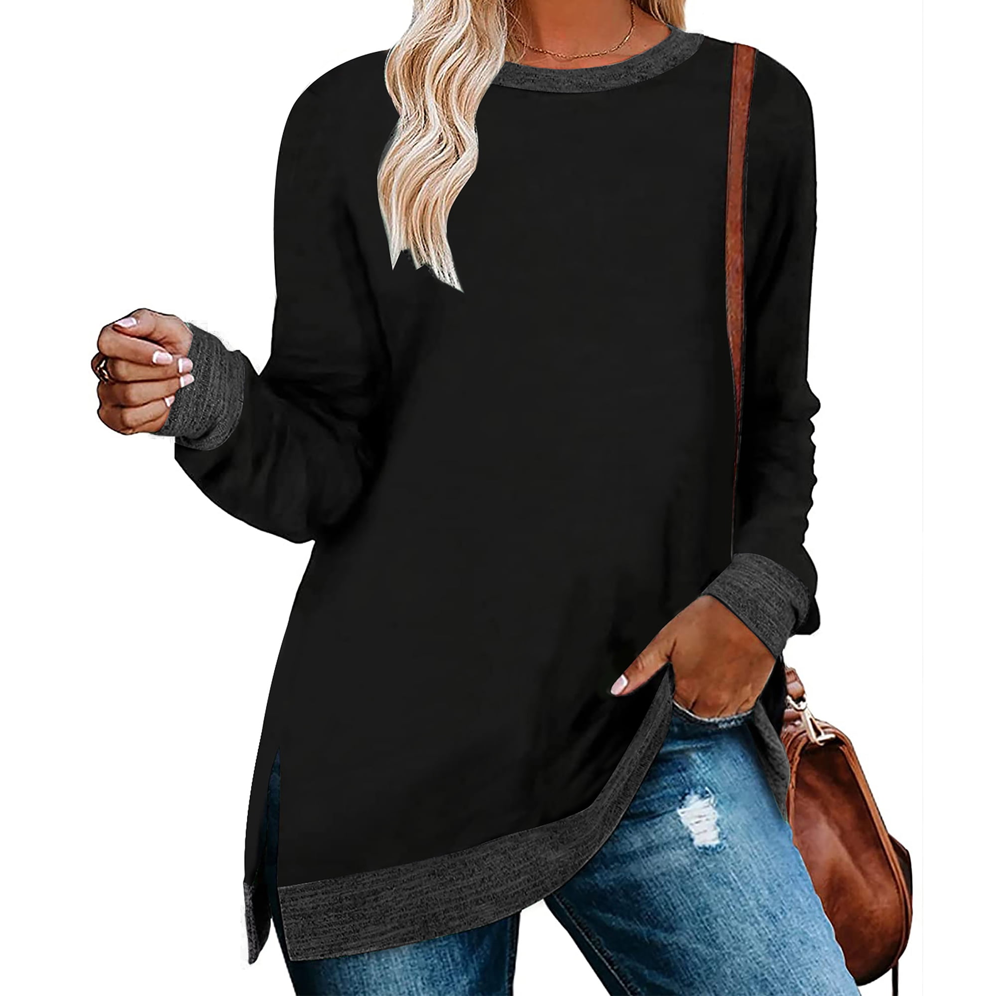 TEMOFON Women Tops Fall Long Sleeve Tunic Tops Casual Crew Neck Loose ...