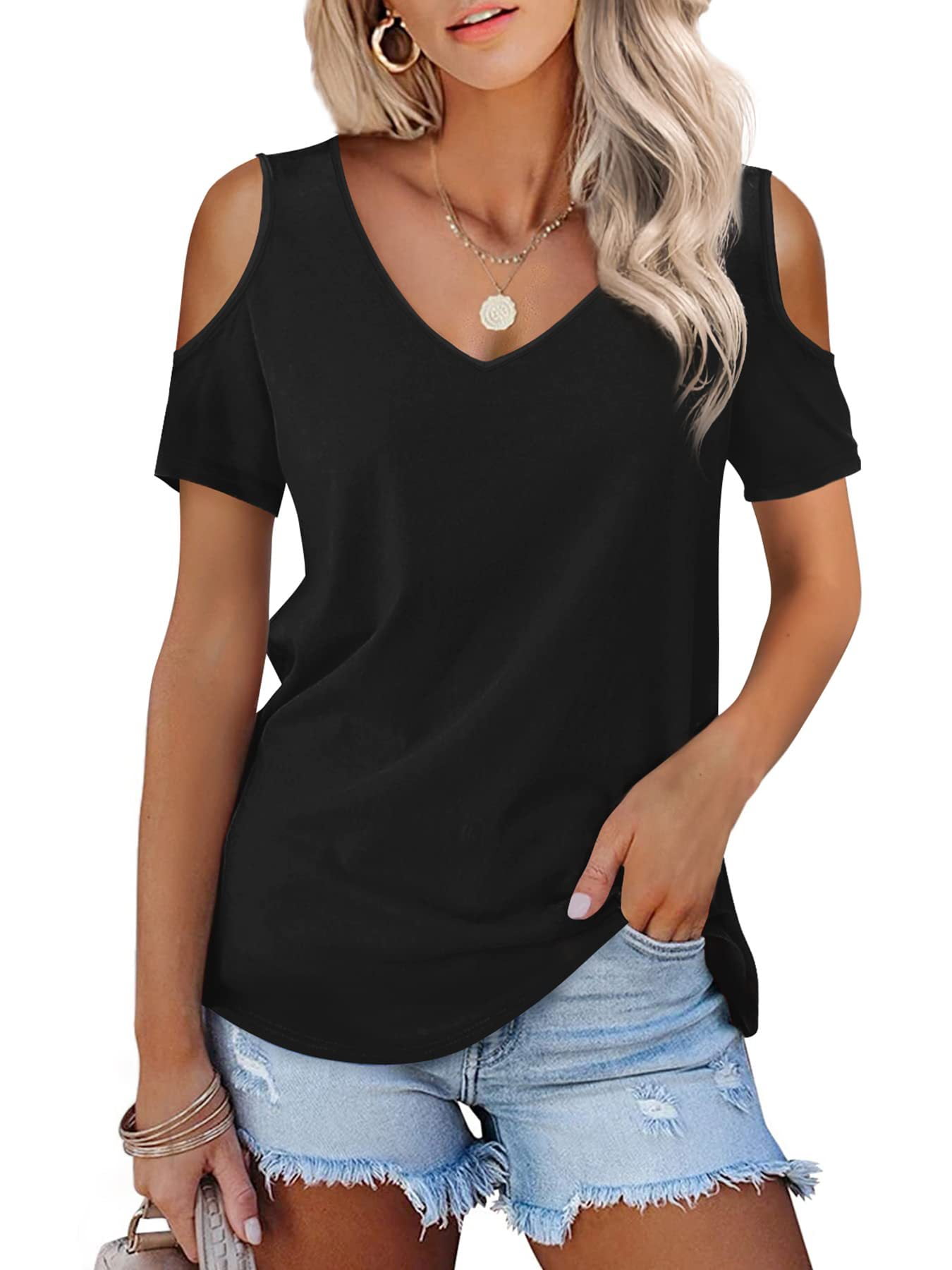 TEMOFON Women's Shirts Cold Shoulder Tops Summer Short Sleeve V Neck T Shirt Basic Black Tee ...