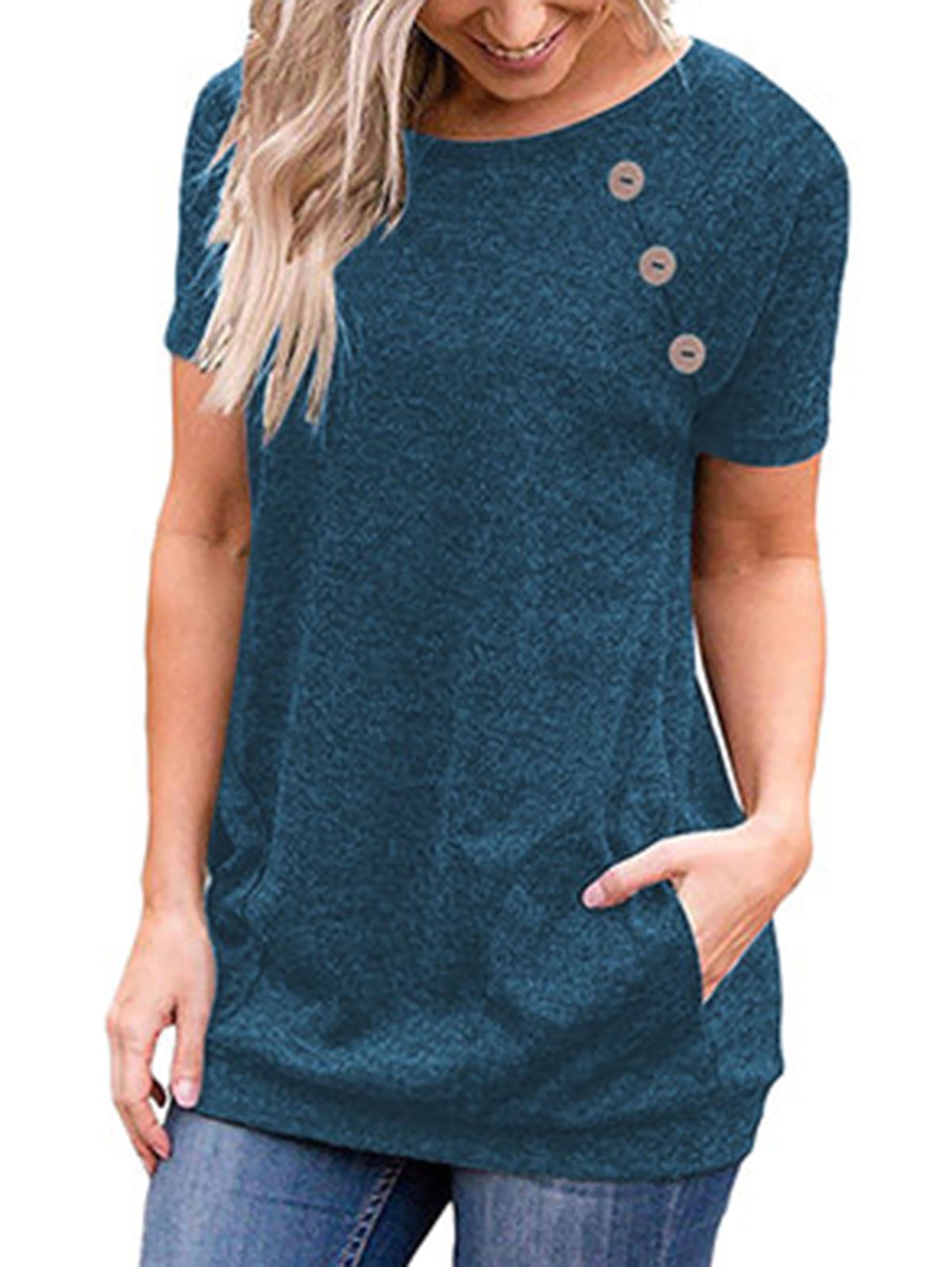 TEMOFON Women's Short Sleeve Tops Summer Buttons Blouse Casual Crew ...