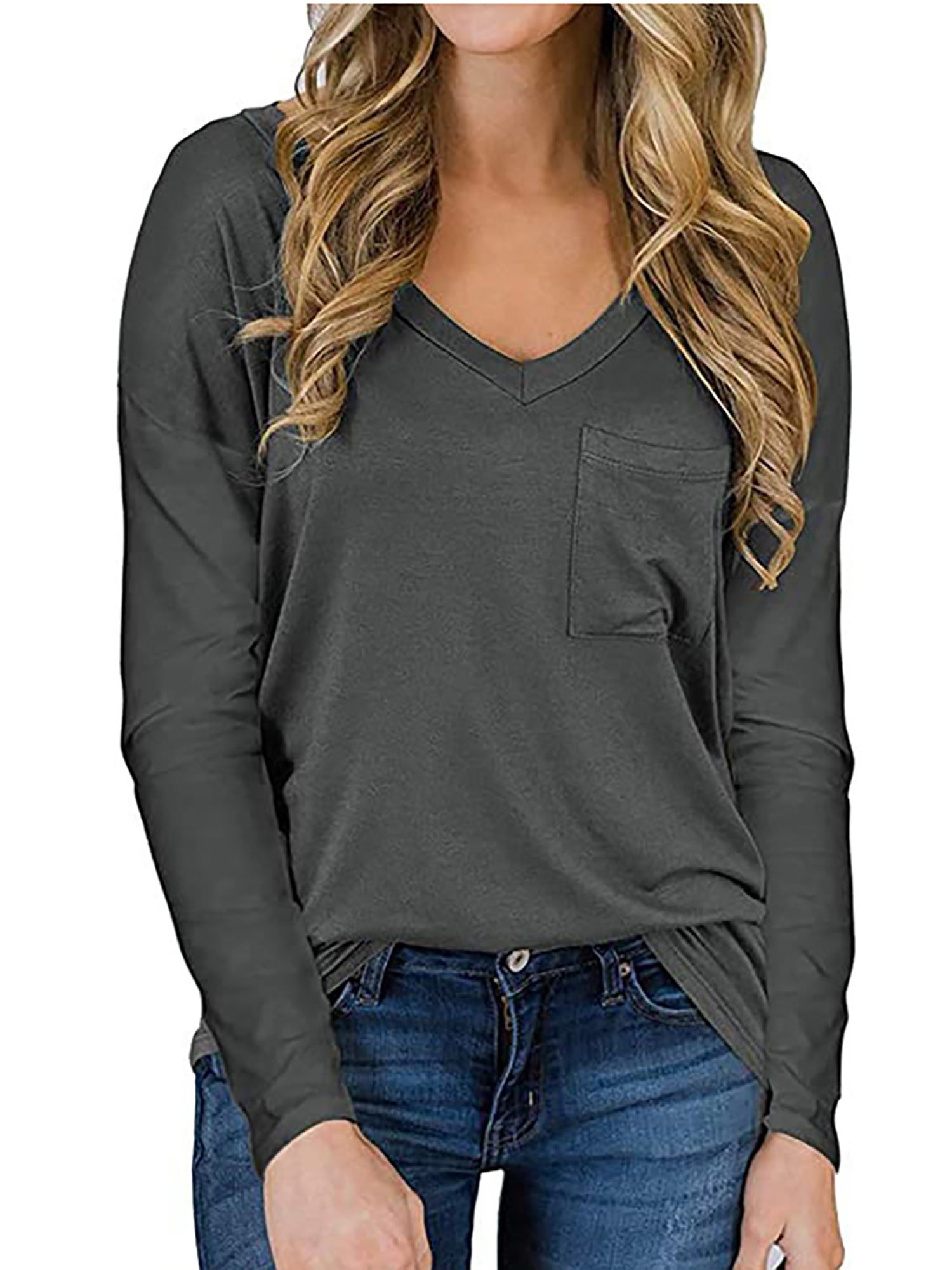 TEMOFON Women's Top Long Sleeve V-Neck Shirts Loose Tops for Women ...