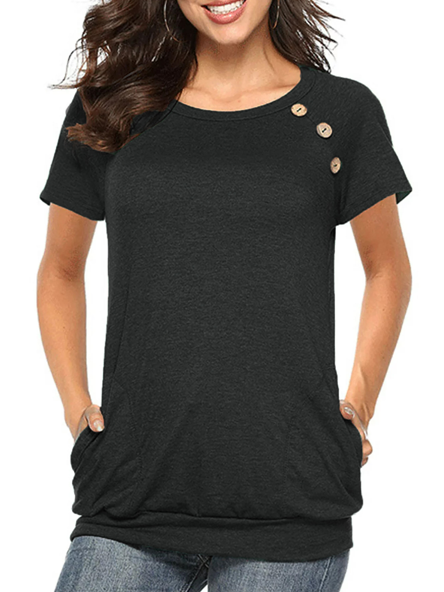 TEMOFON Shirts for Women Summer Short Sleeve Tops Casual Crew Neck Side ...