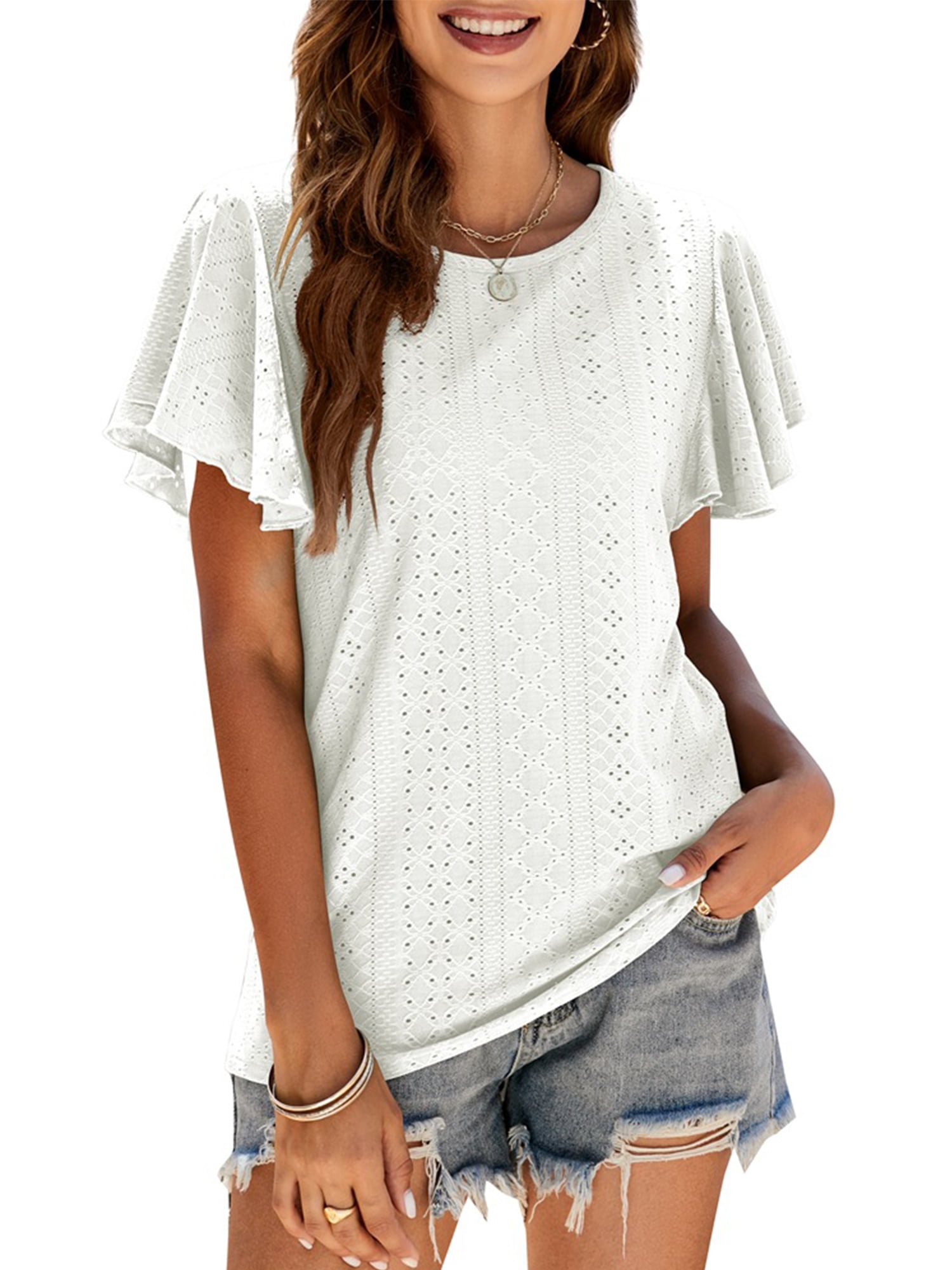 TEMOFON Women's Tops Summer Ruffle Sleeve Tops Crewneck Eyelet Tshirts Hollow Casual Dressy ...