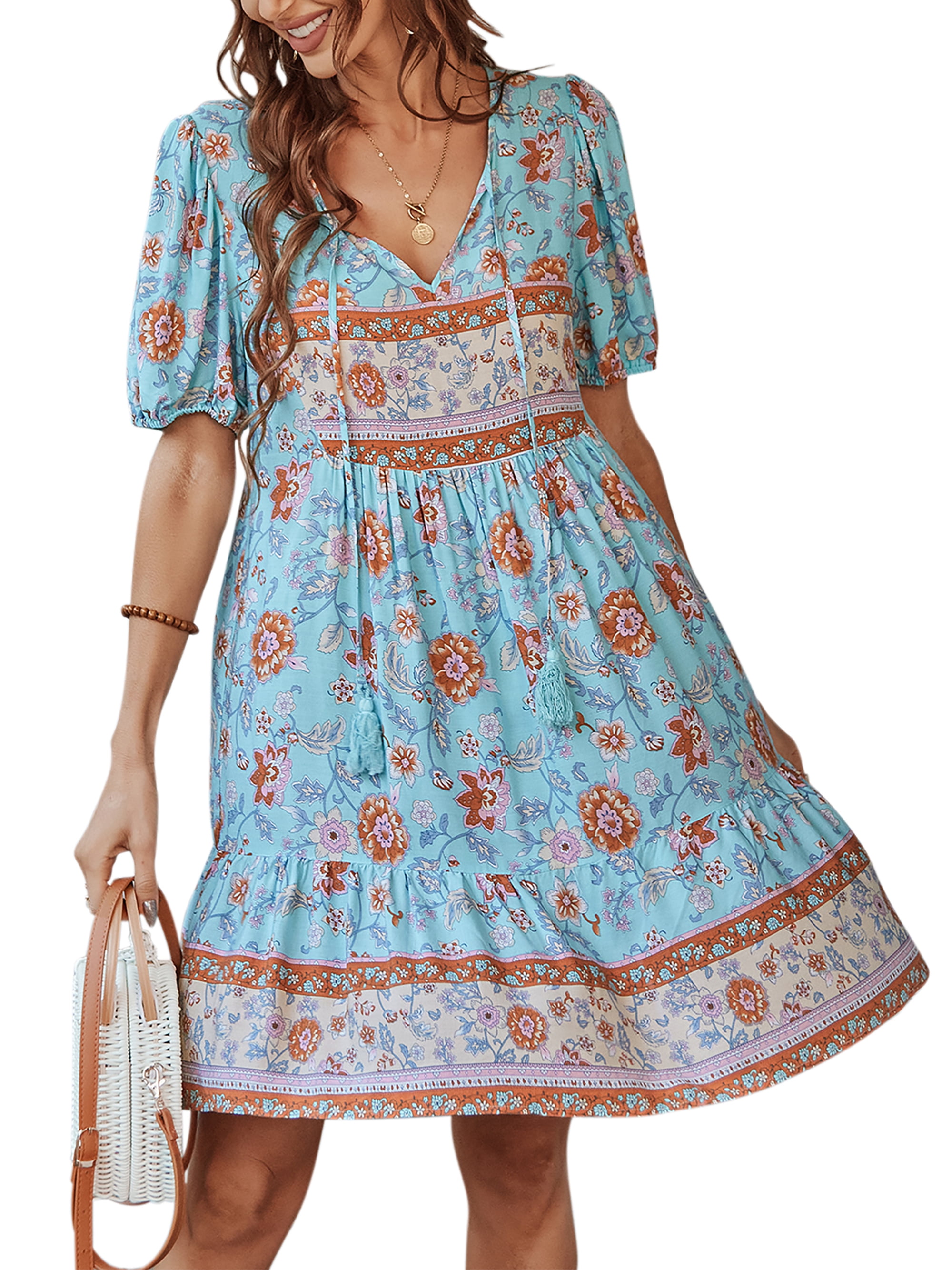 TEMOFON Women's Summer Boho Dress, Casual V Neck Floral Print, Loose ...