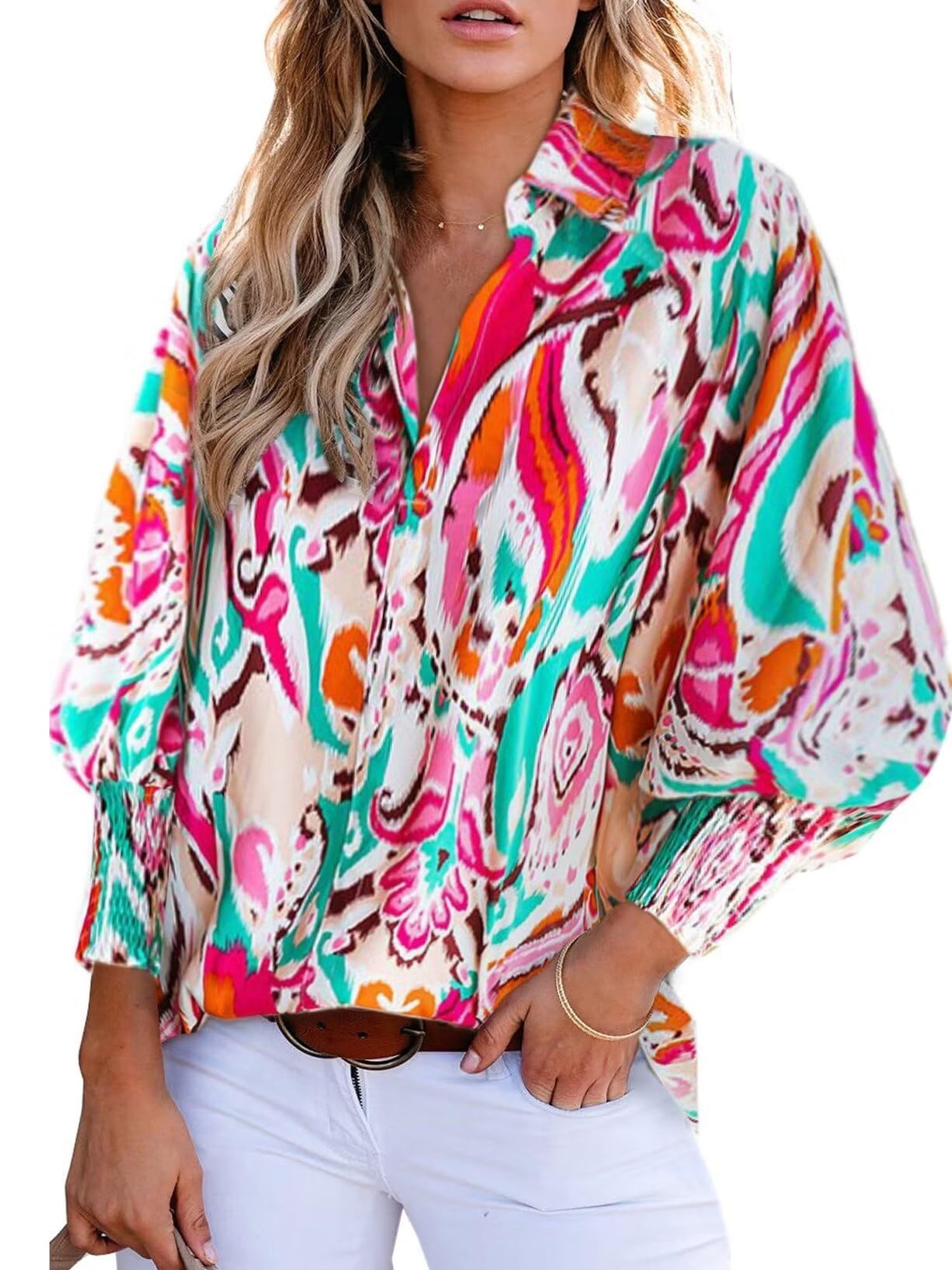 TEMOFON Womens Boho Floral Print Shirts Blouses Casual Puff Sleeve ...