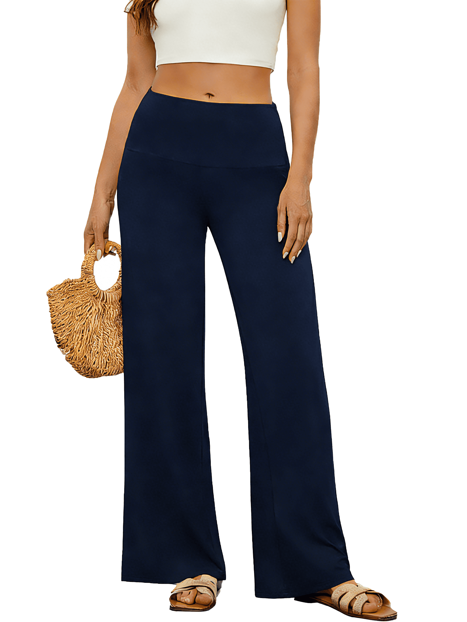 Temofon Womens Casual Pants High Waist Stretchy Wide Leg Navy Blue ...