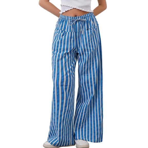 Cozyvia Women's Striped Wide Leg Pants, Loose High Waist Drawstring ...