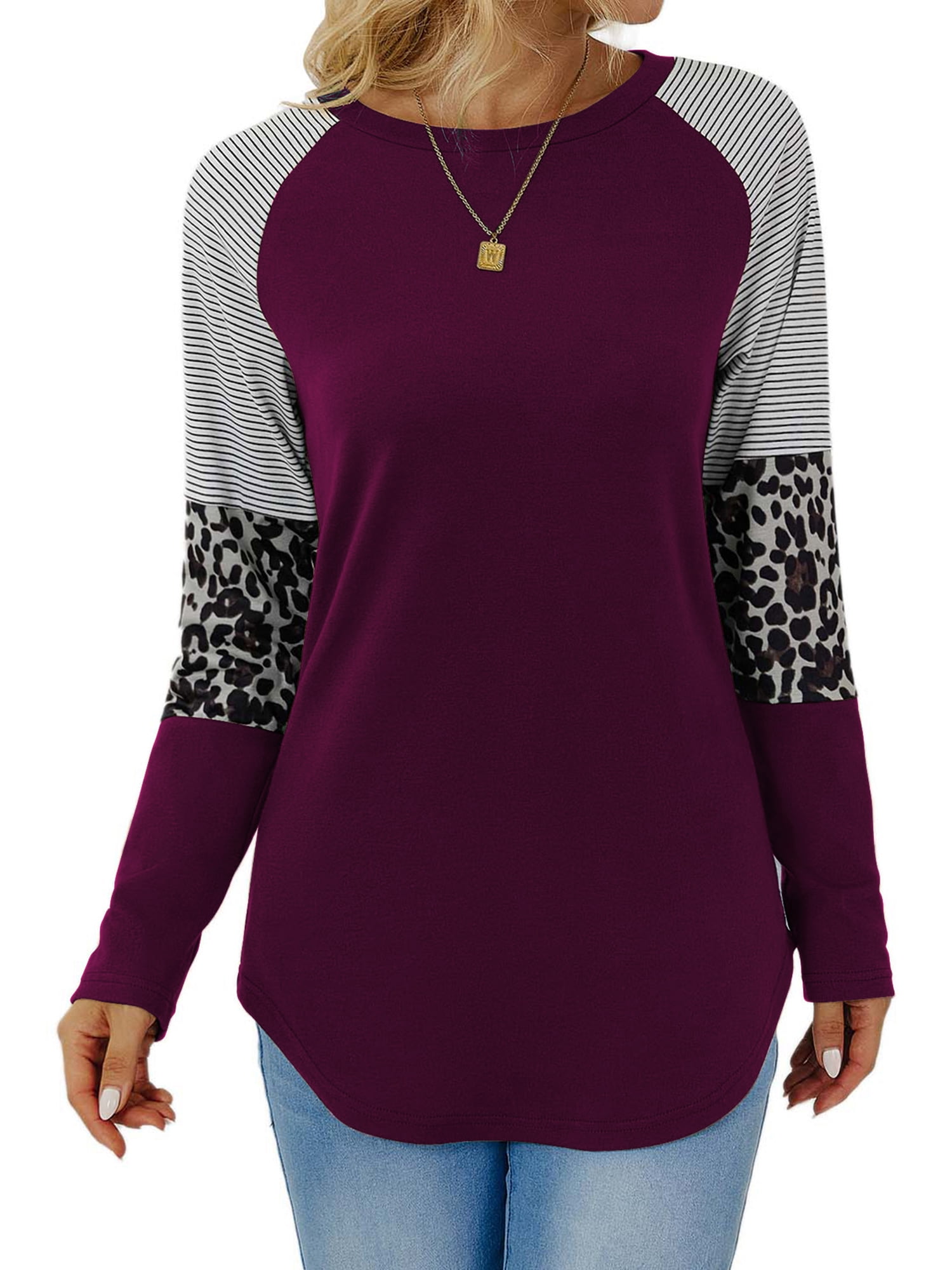 TEMOFON Women's Long Sleeve Leopard Print Tunic, Color Block Stripes ...
