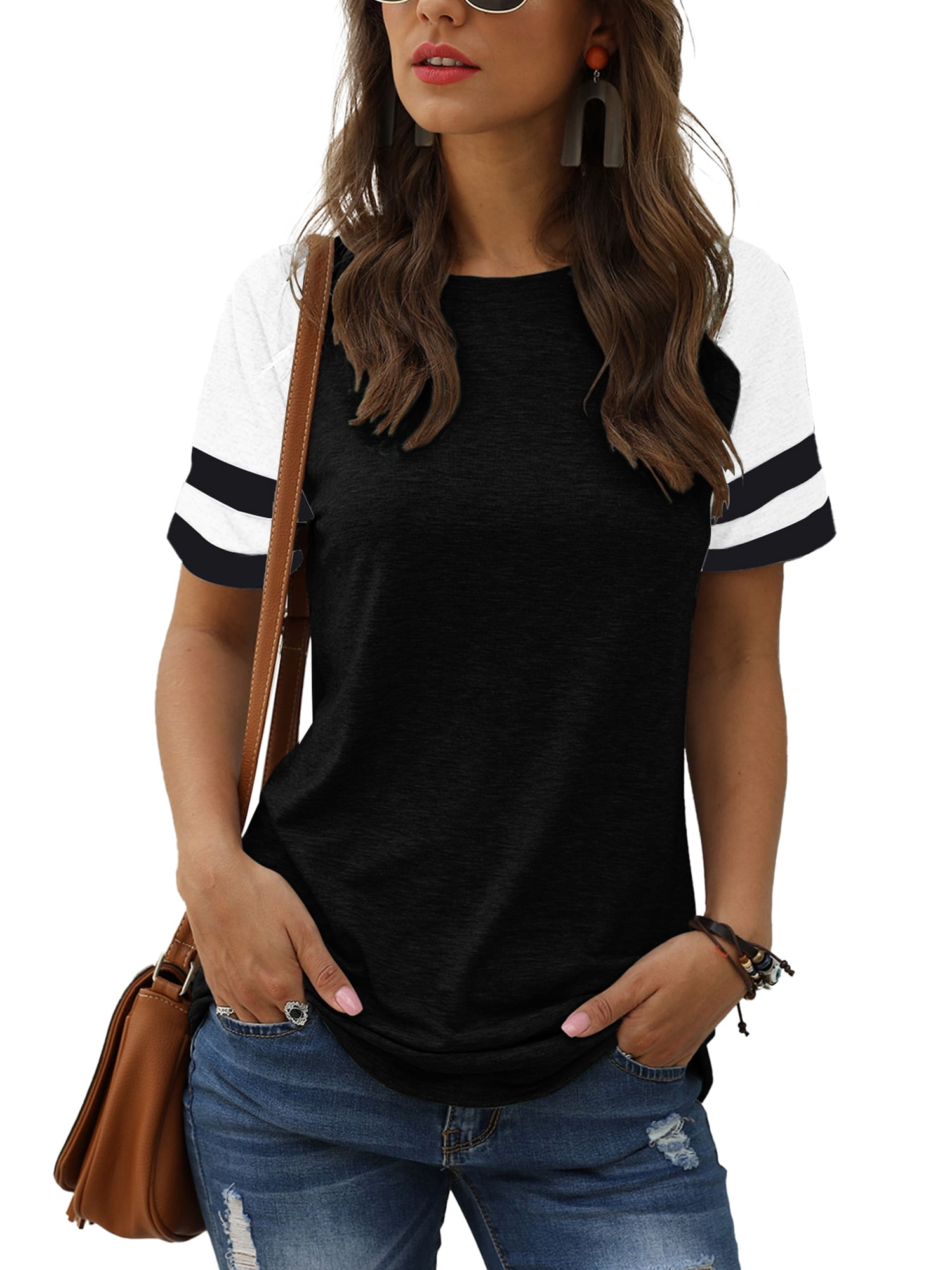TEMOFON Womens Fashion Summer T-shirt Color Block Shirts for Women ...