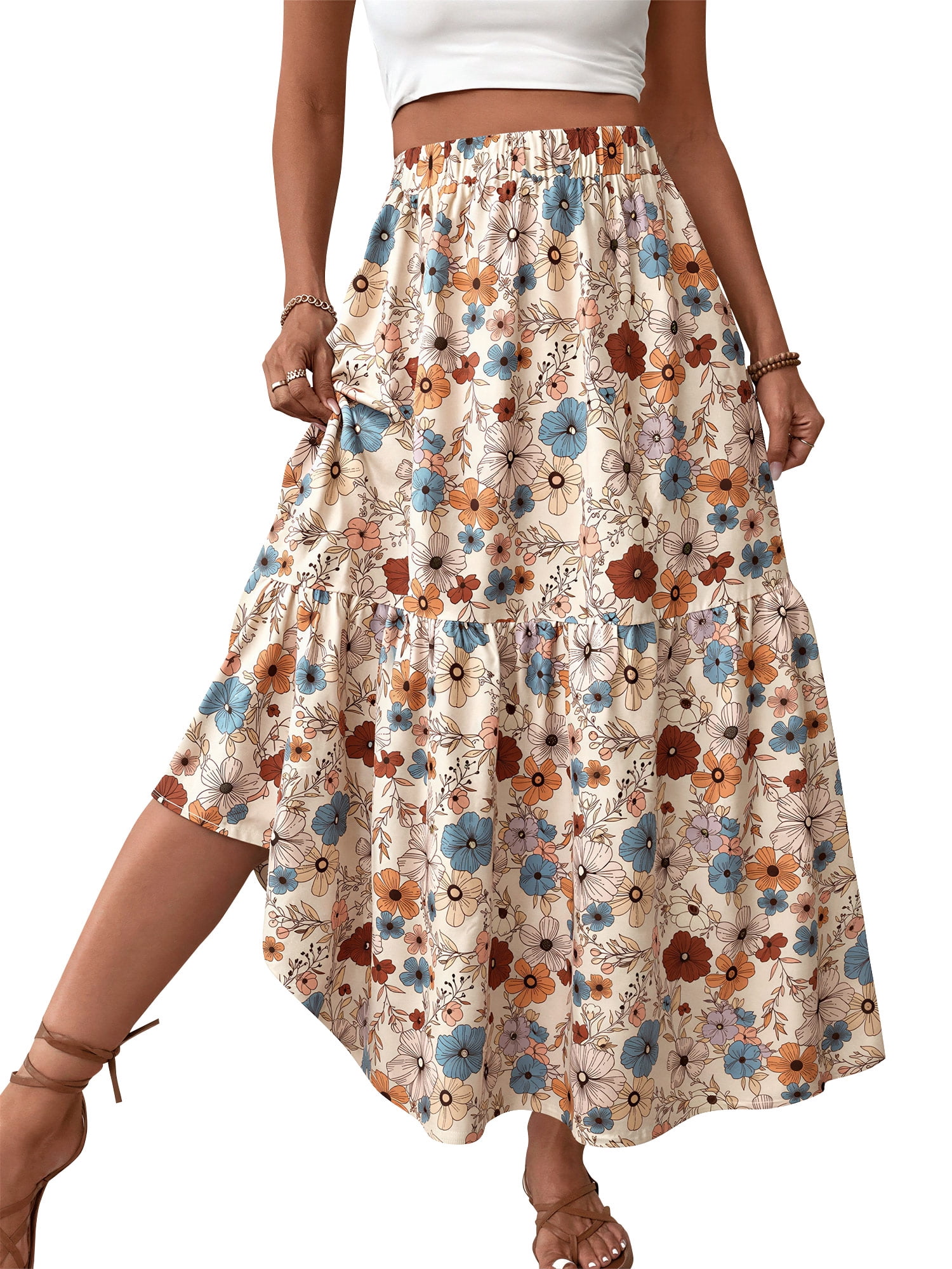 TEMOFON Womens High Waist Pleated Maxi Long Skirt Floral Swing Skirt ...