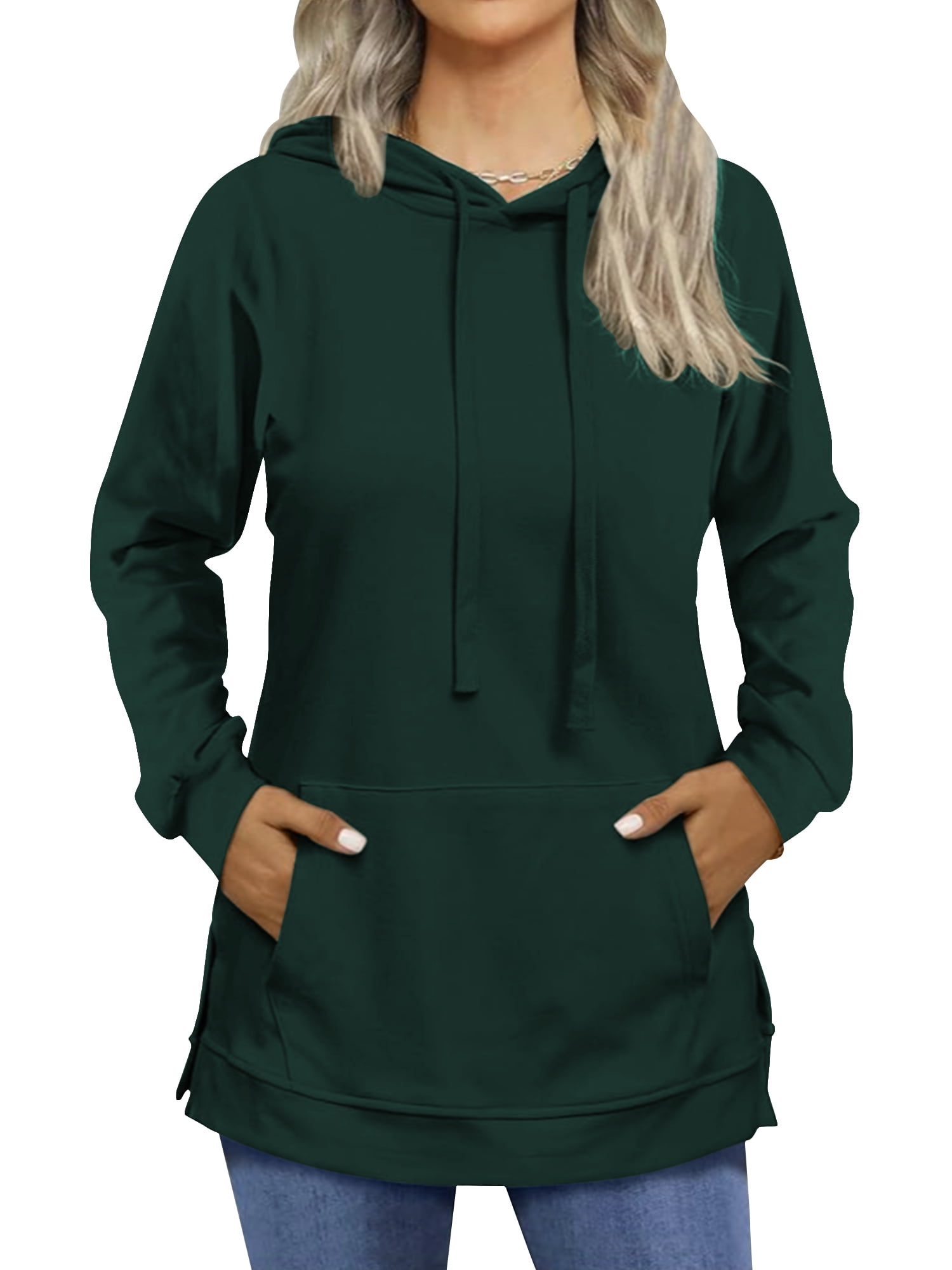 TEMOFON Womens Hoodies Fashion Split Hem Drawstring Casual Long Sleeve ...