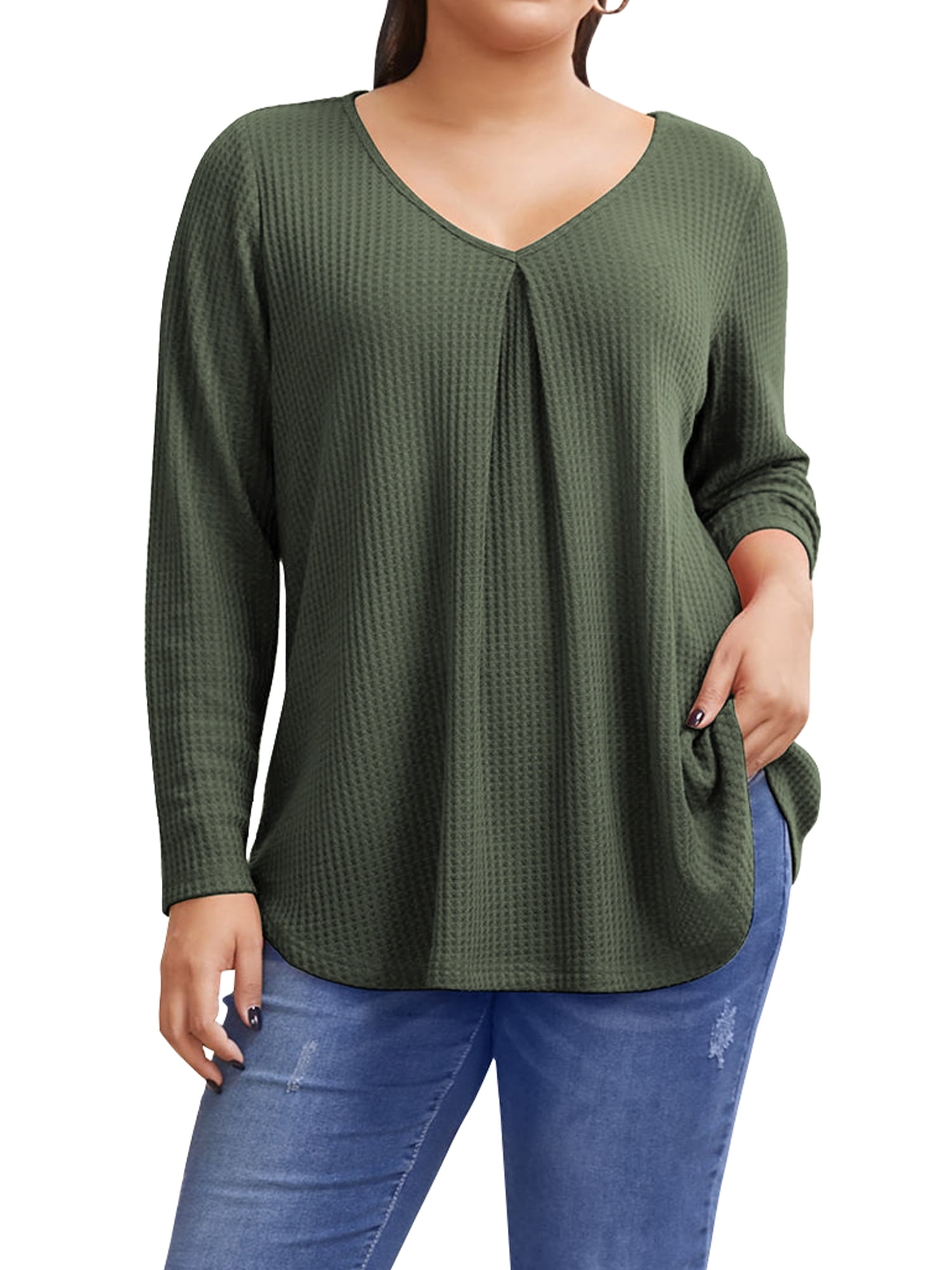 TEMOFON Womens Long Sleeve Plus Size Pleat Design Tops Casual Crewneck ...