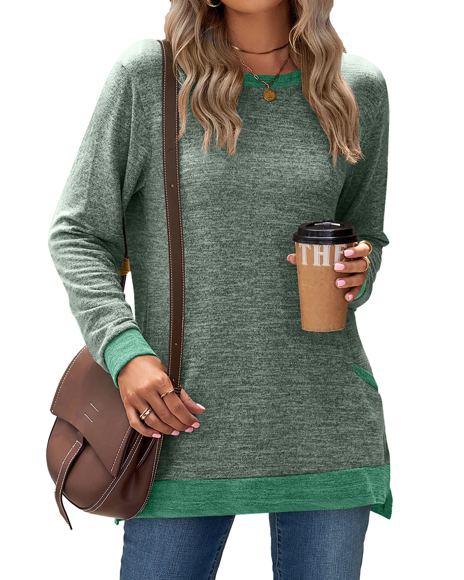 TEMOFON Sweatshirts for Women Fall Long Sleeve Crew Neck T Shirts Side ...