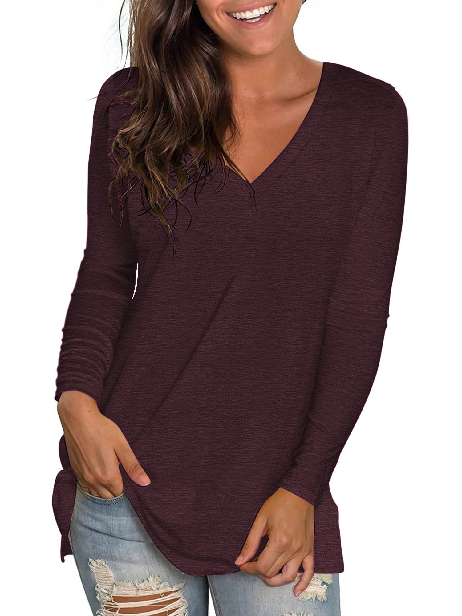 TEMOFON Womens tunic top Long Sleeve fall v neck Shirt Going Out Plain ...