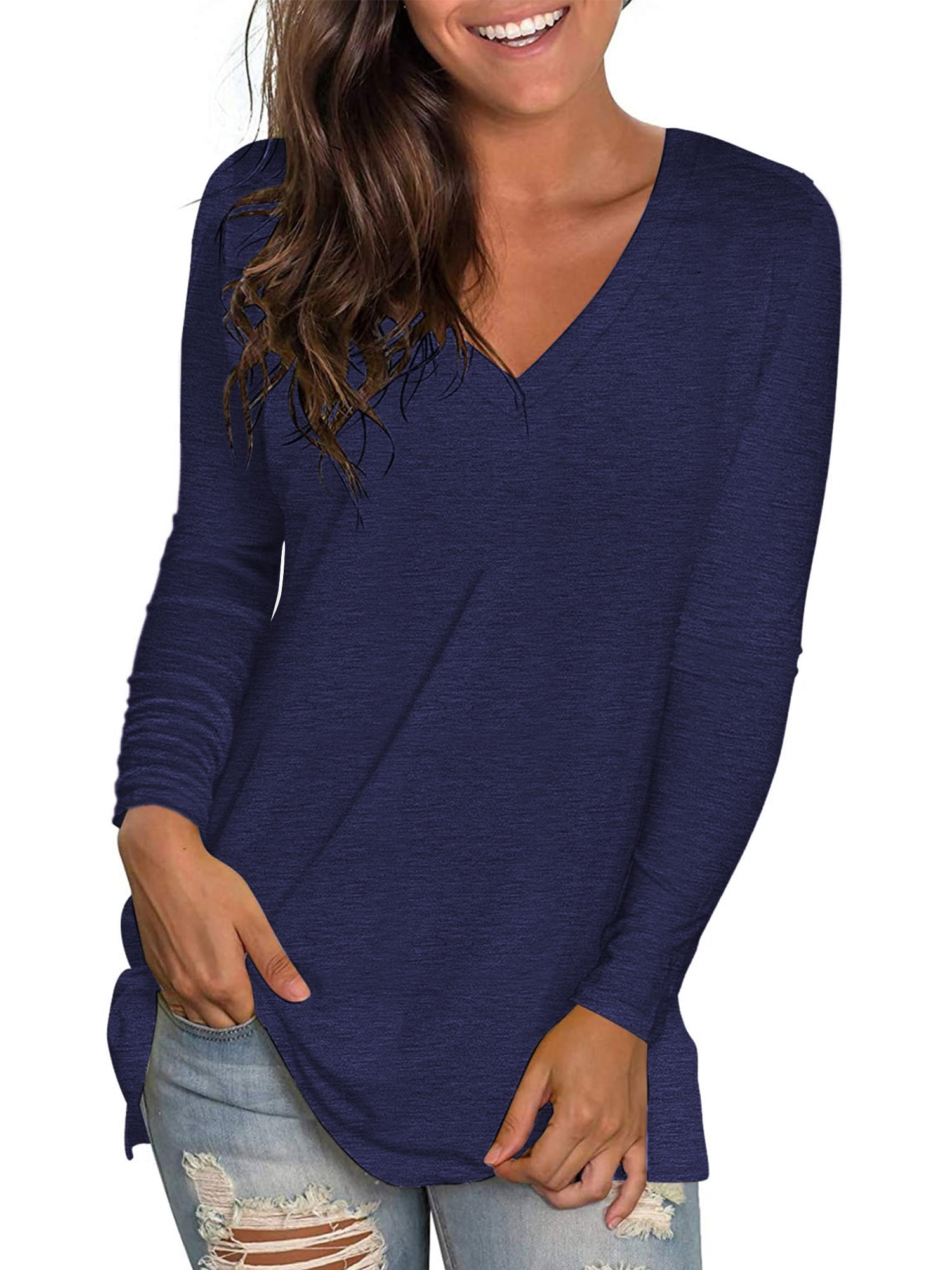 TEMOFON Womens tunic top Long Sleeve fall v neck Shirt Going Out Plain ...