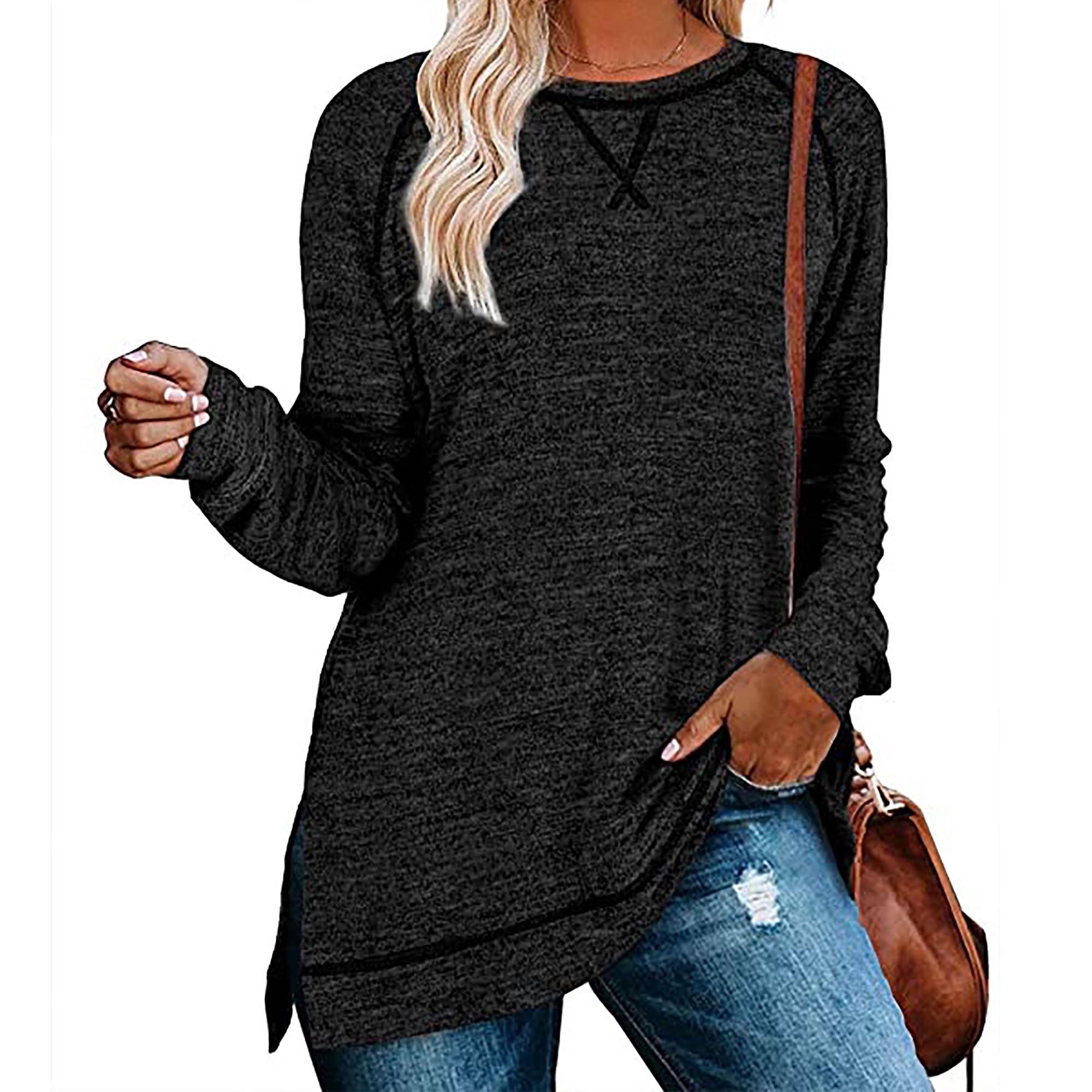 TEMOFON Womens Long Sleeve T Shirts Side Slit Loose Casual Plain Tunic ...