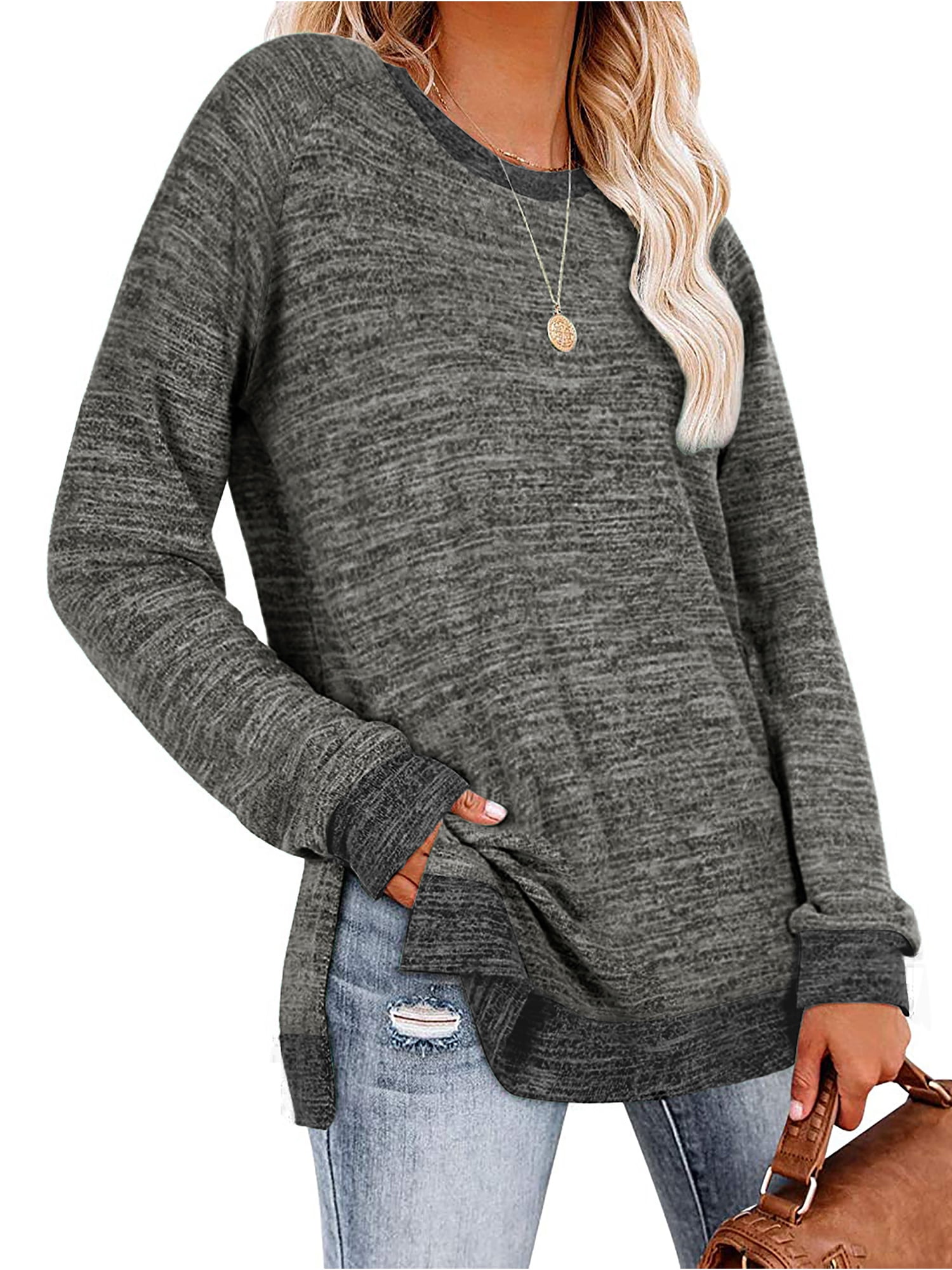 TEMOFON Women's Long Sleeve Tunic Top with Side Splits, Casual Crewneck ...