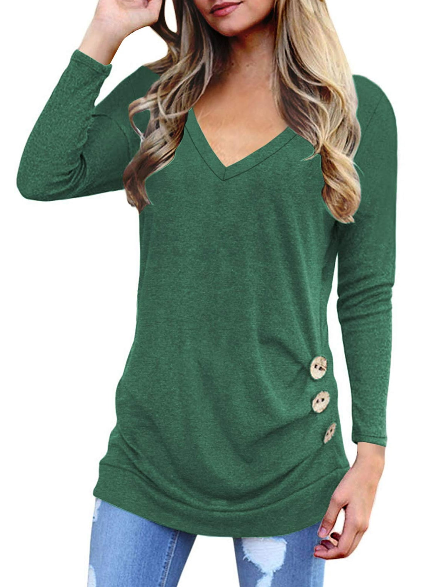 TEMOFON Women's Long Sleeve V Neck Casual Tunic Tops with Side Buttons ...
