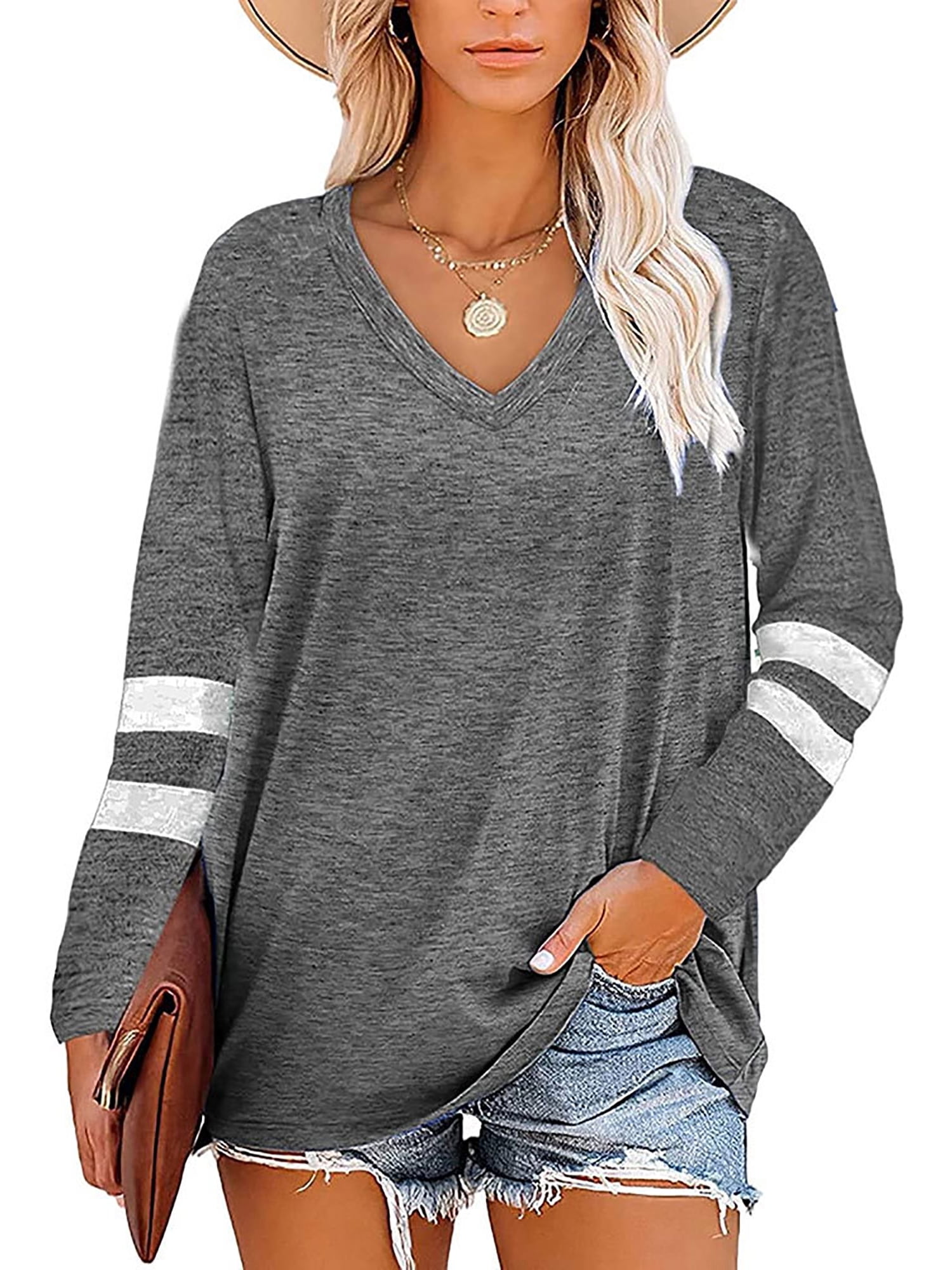 TEMOFON Womens Long Sleeve Tops Color Block V Neck Tops for Women ...