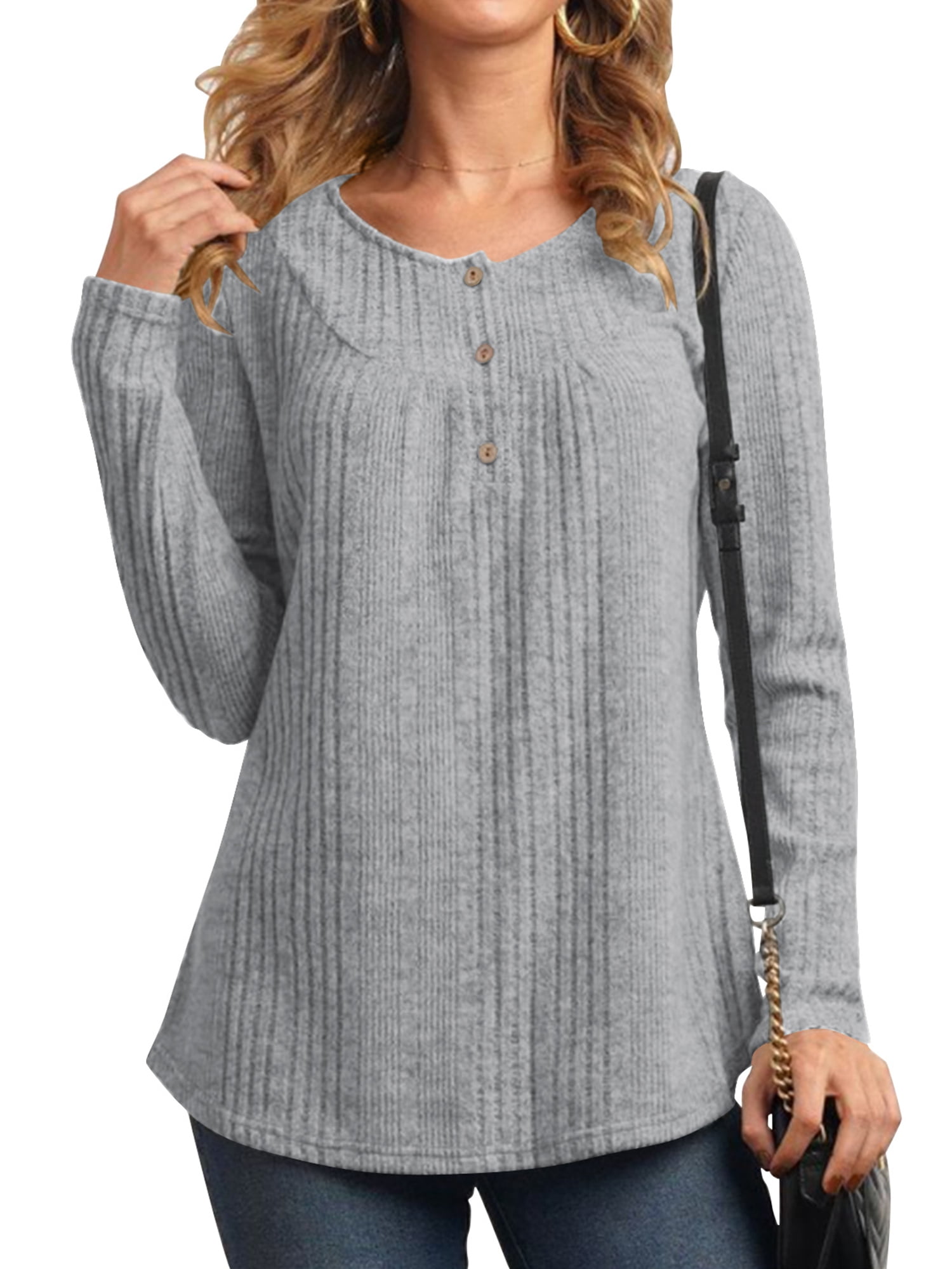 TEMOFON Womens Long Sleeve Tops Fall Button Crew Neck Henley Shirts ...