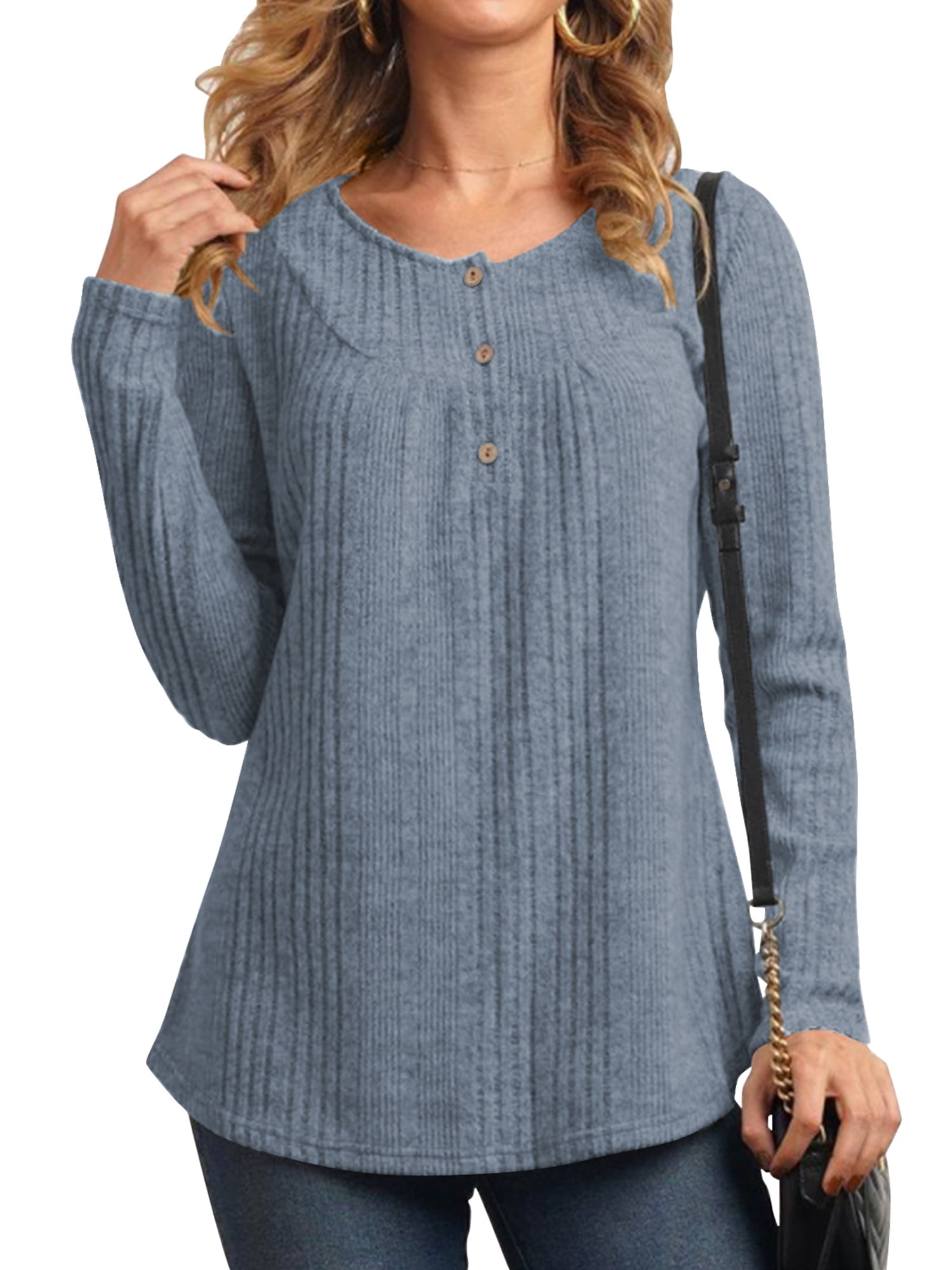 TEMOFON Womens Long Sleeve Tops Fall Dressy Casual Crew Neck Henley ...