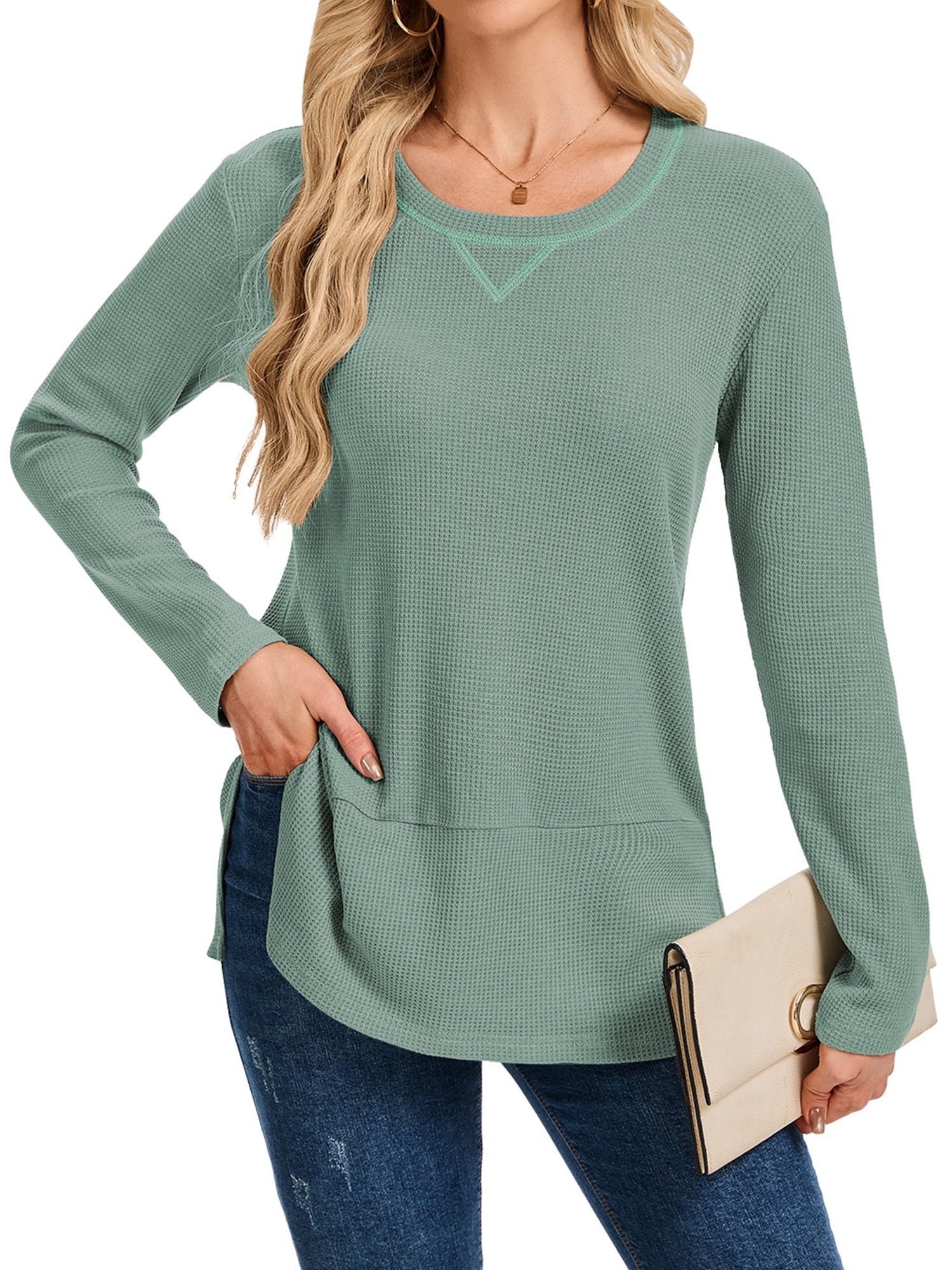 TEMOFON Womens Long Sleeve Tops Fall Waffle Knit Crew Neck Shirts ...