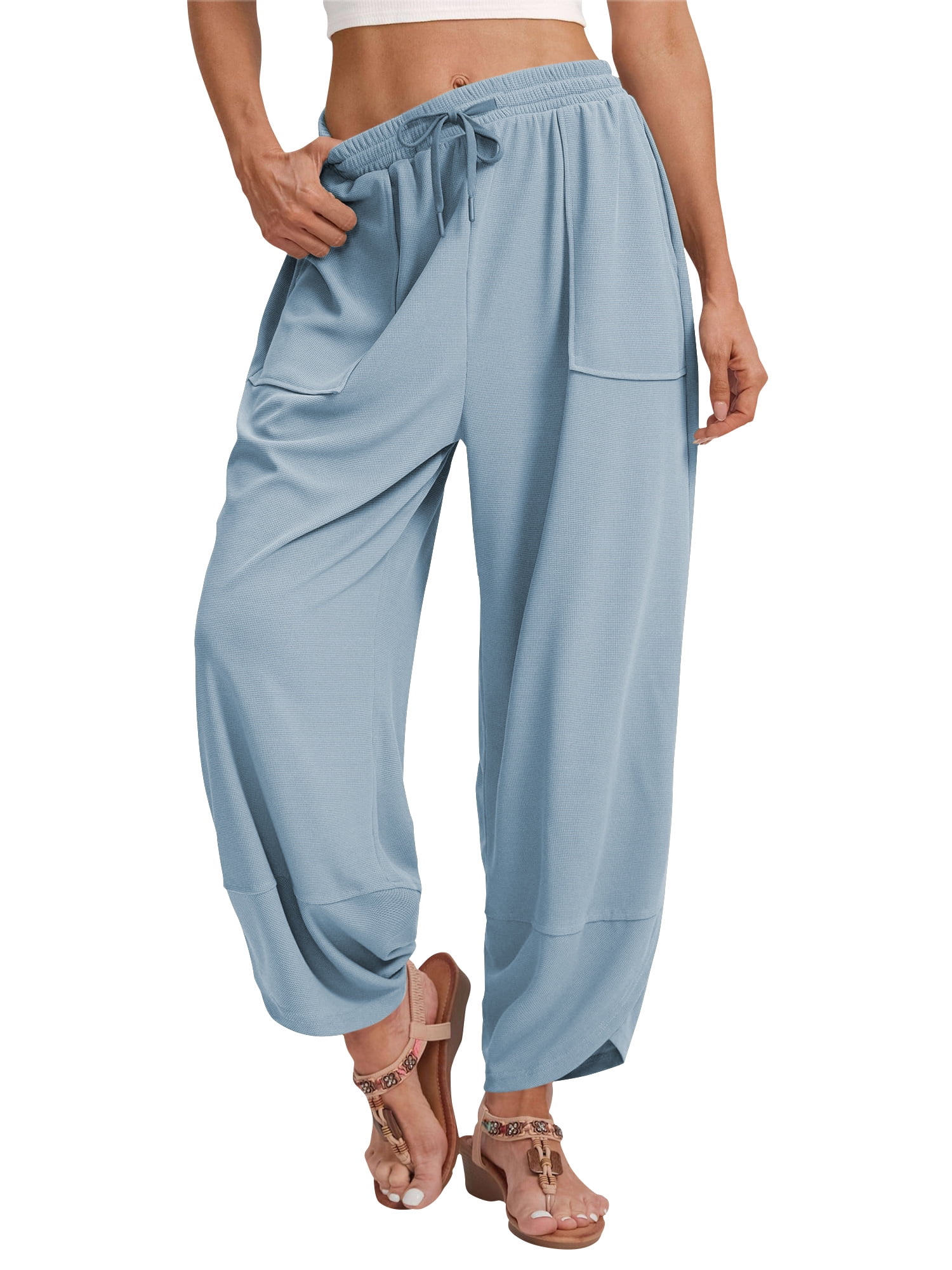 TEMOFON Womens Pants Casual Loose Wide Leg Cropped Palazzo Beach Pants ...