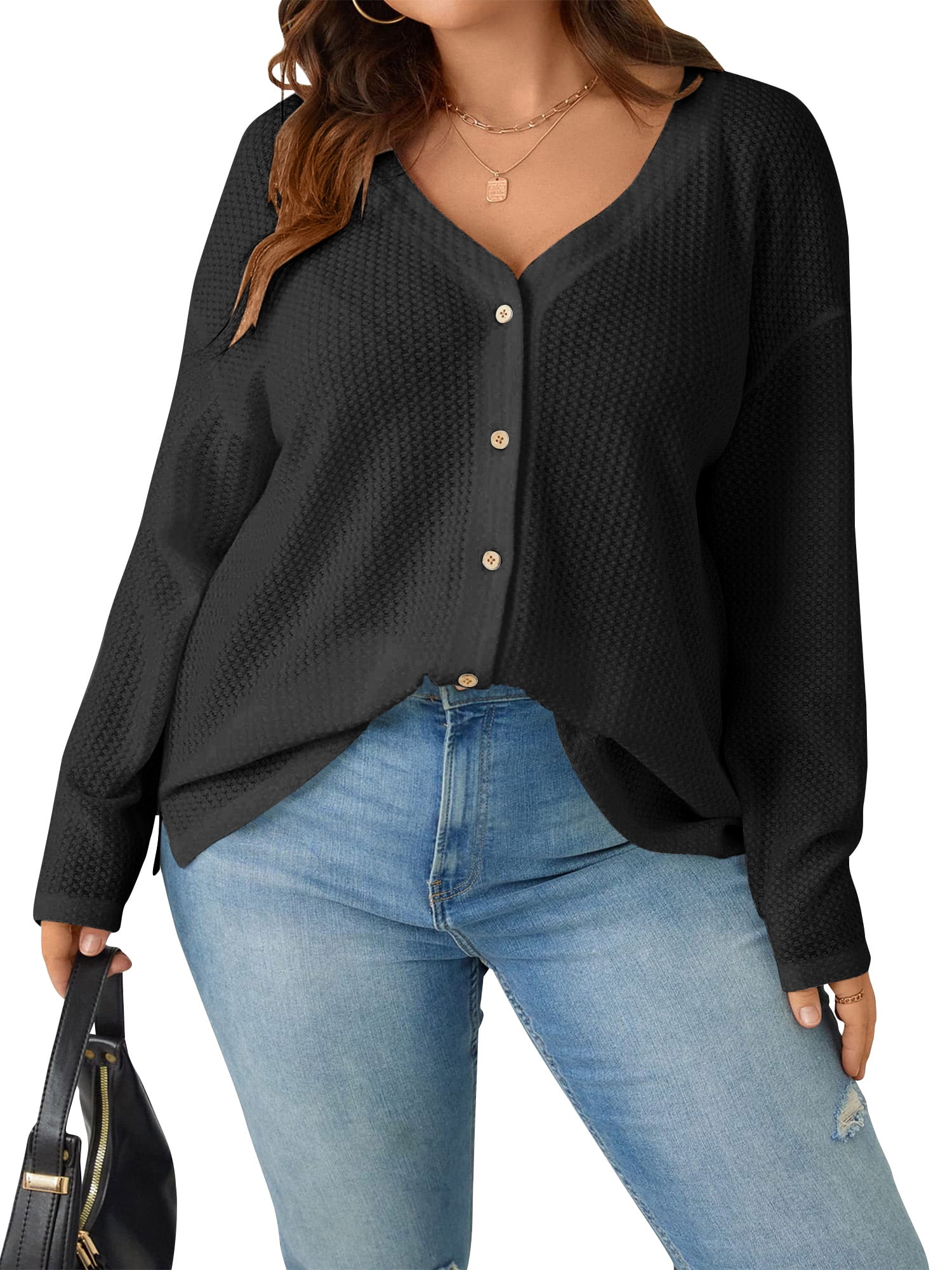 TEMOFON Womens Plus Size Long Sleeve Button Down Knit Cardigan for ...