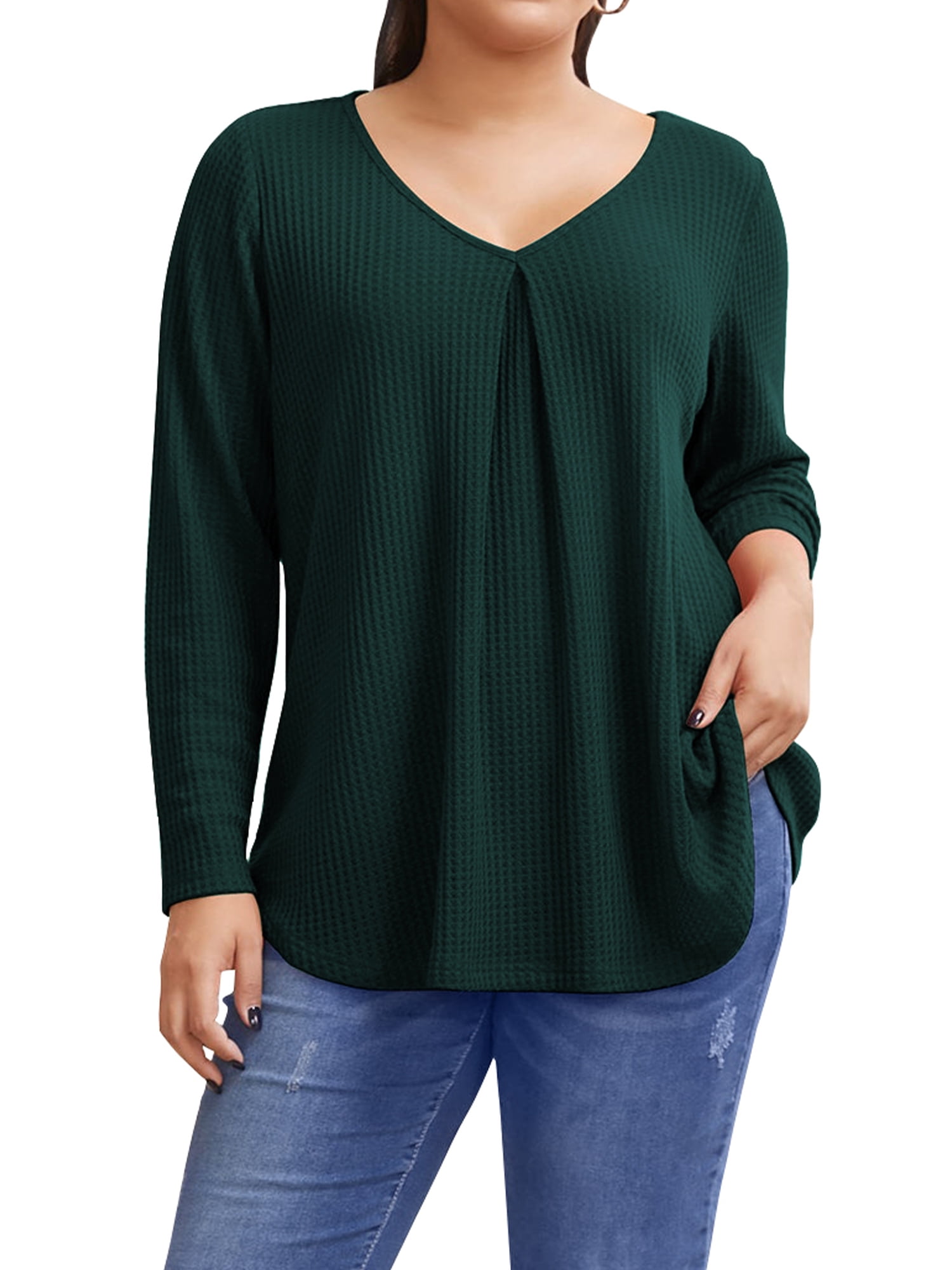 TEMOFON Womens Plus Size Tops Crewneck Pleat Design Long Sleeve 2025 ...