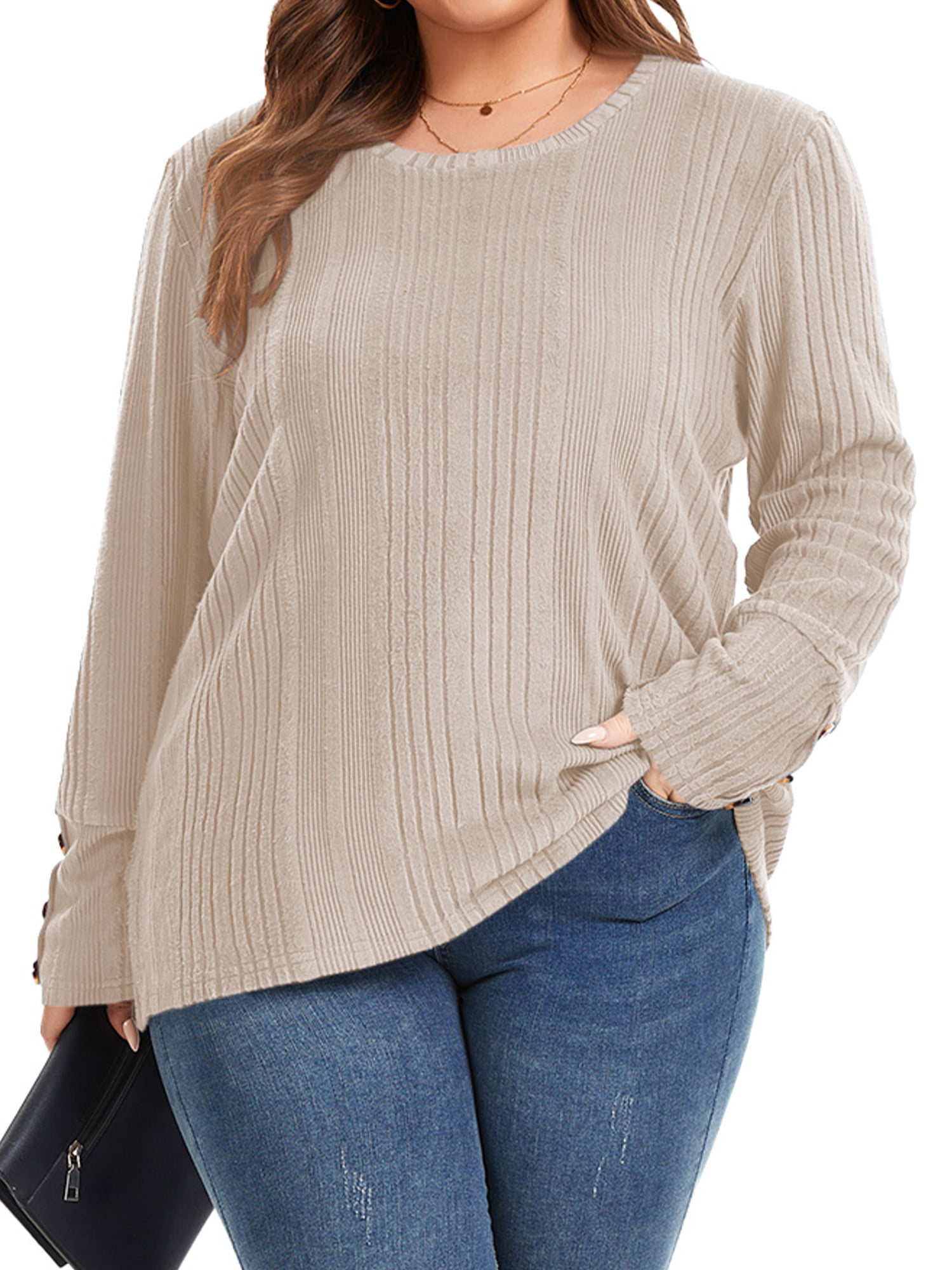 TEMOFON Womens Plus Size Tops Crew Neck Button Long Sleeve Tops Casual ...