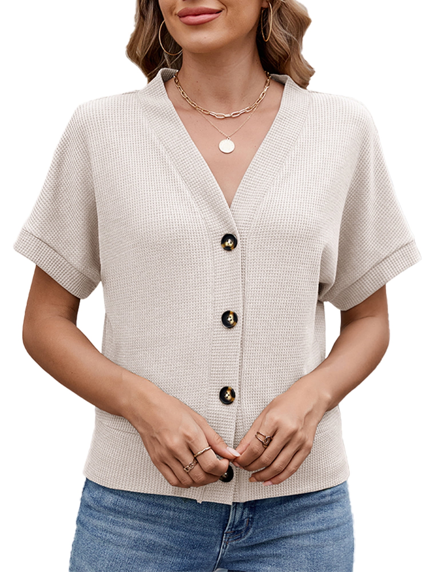 TEMOFON Womens Summer Tops Casual V Neck Knit Button Down Blouse Comfy Short Sleeve Cardigans ...