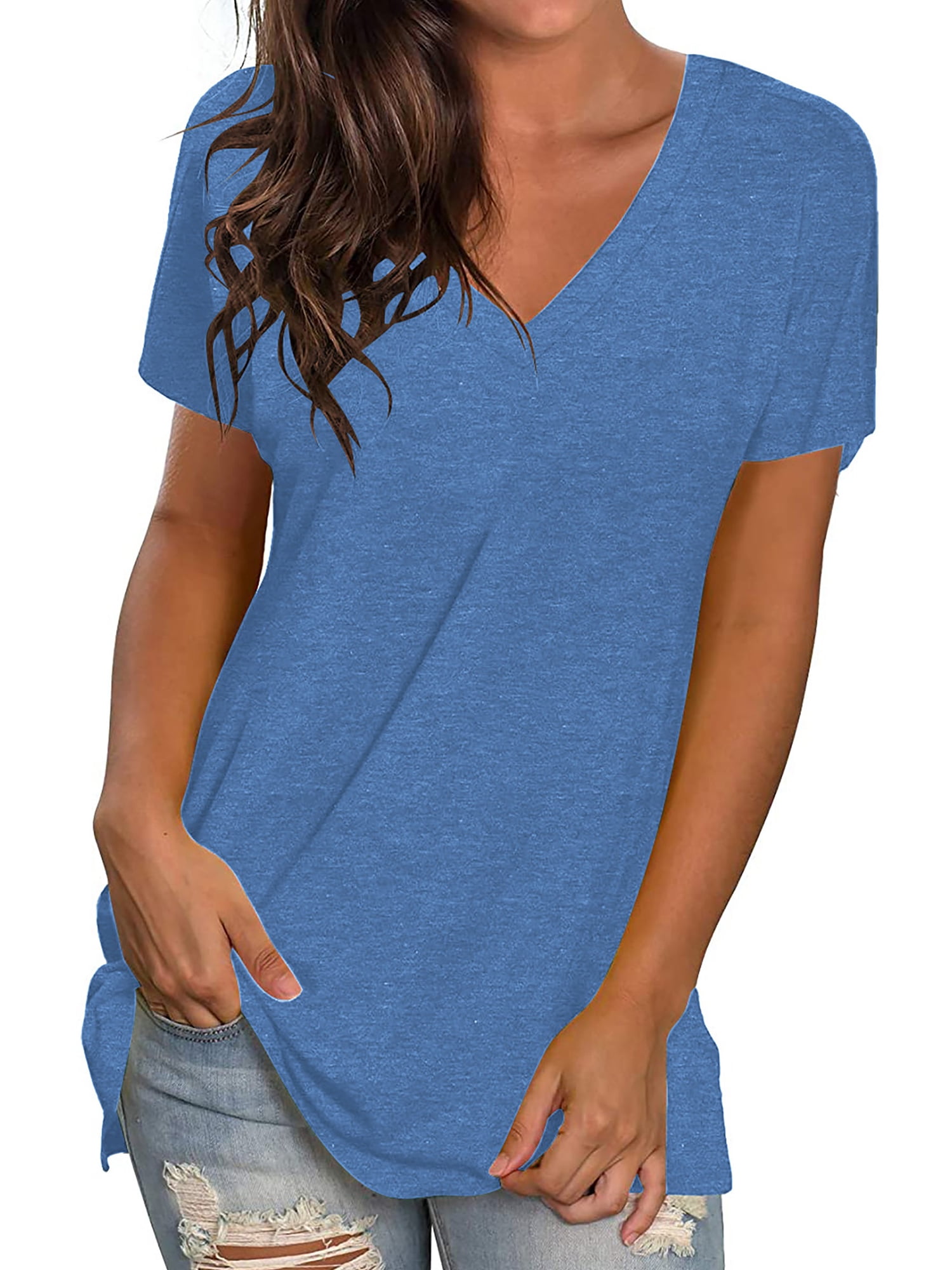 TEMOFON Women's V-Neck Summer T-Shirts, Short Sleeve, Comfy, Trendy, Loose Fit, Solid Blue, Size ...