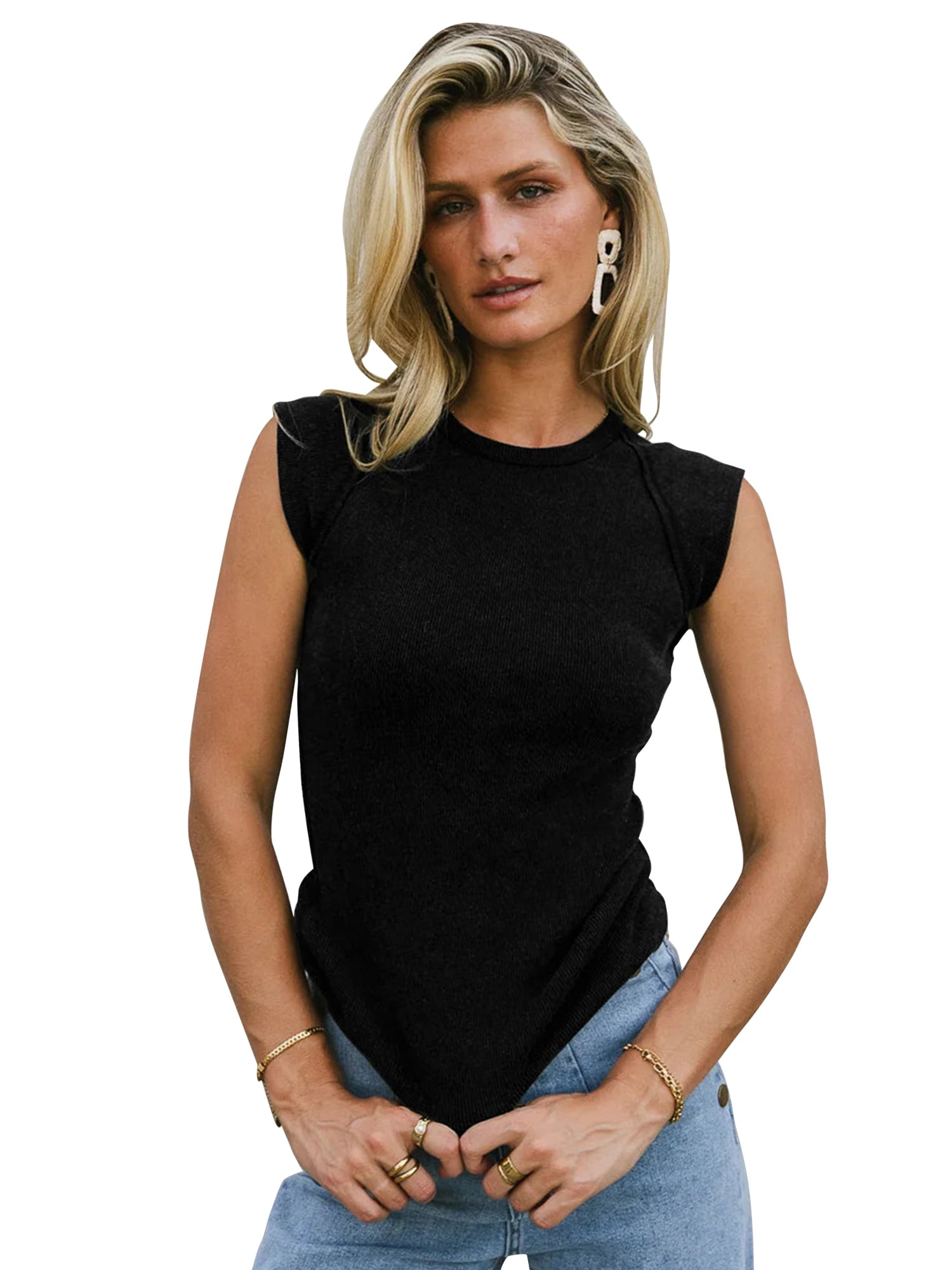 TEMOFON Womens Tank Top Summer Cap Sleeve Tank Tops for Women Black ...