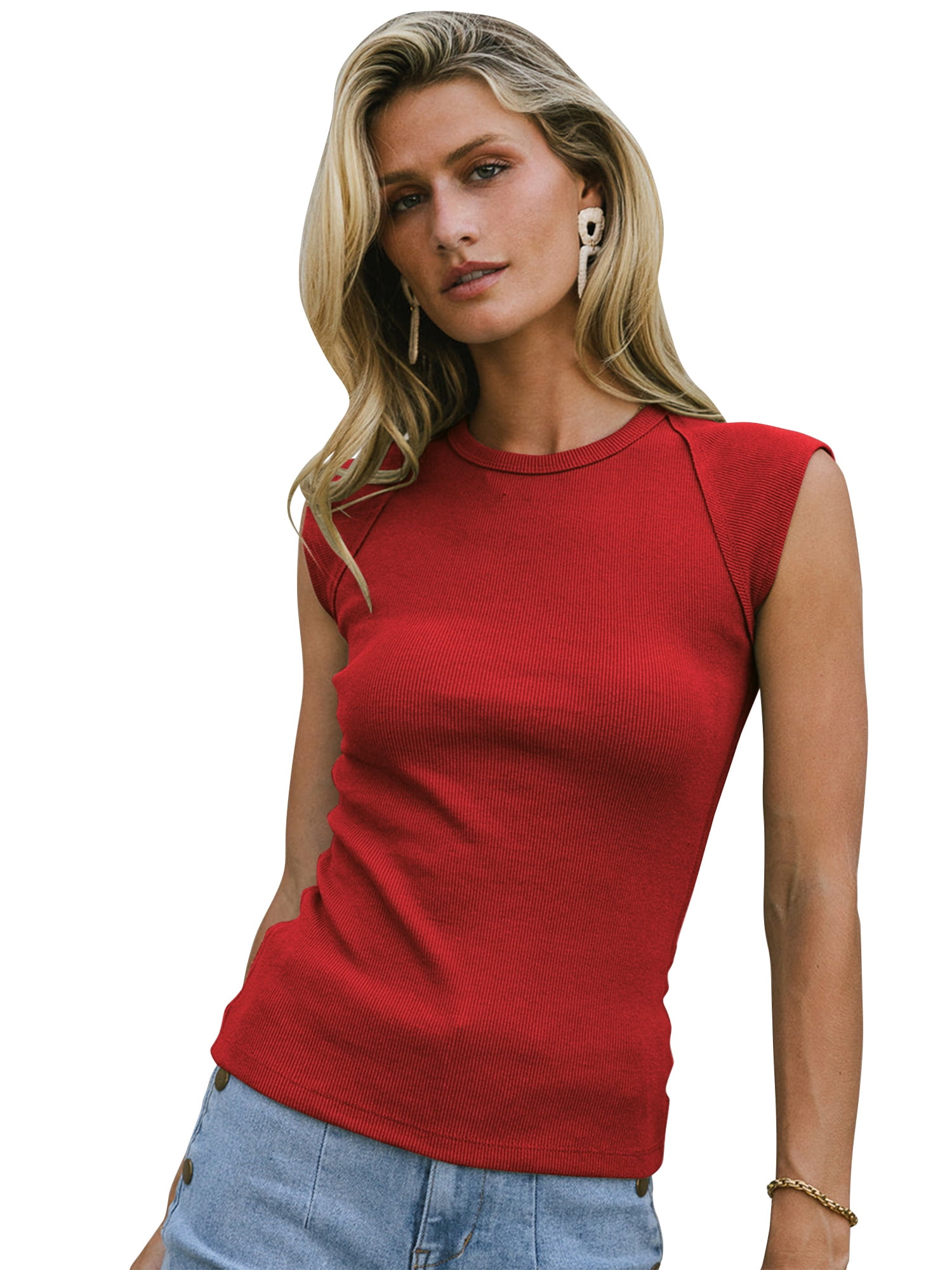 TEMOFON Womens Tank Top Summer Crew Neck Tank Tops for Women Red Ribbed High Neck Cap Sleeve ...