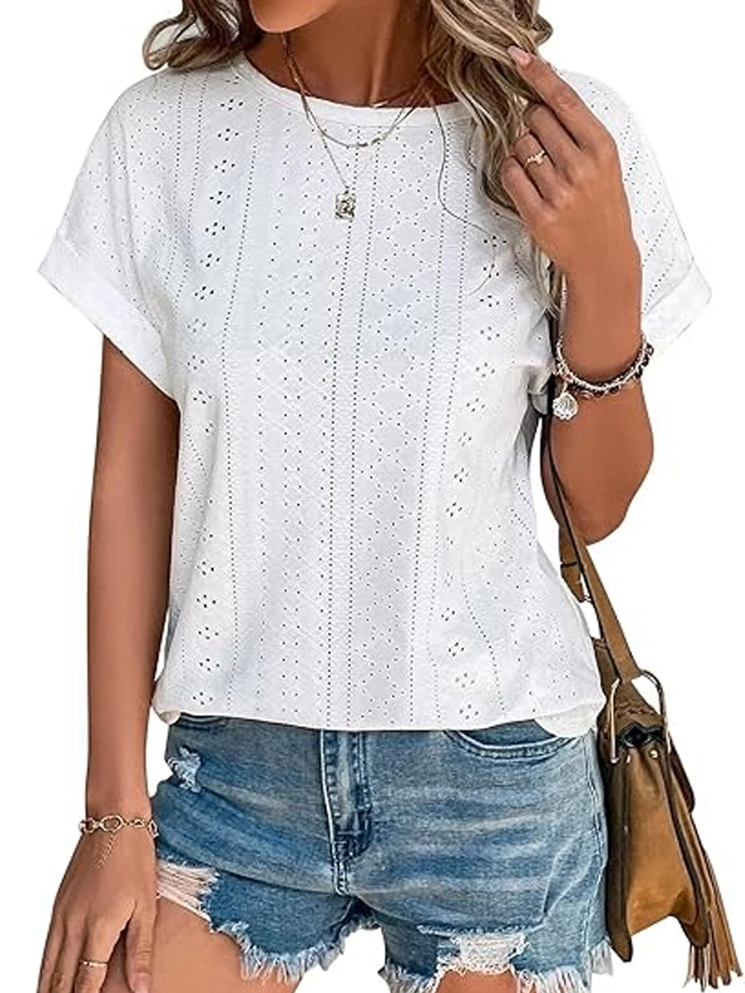 Temofon Womens Eyelet Embroidered Crewneck Short Sleeve Blouse ...