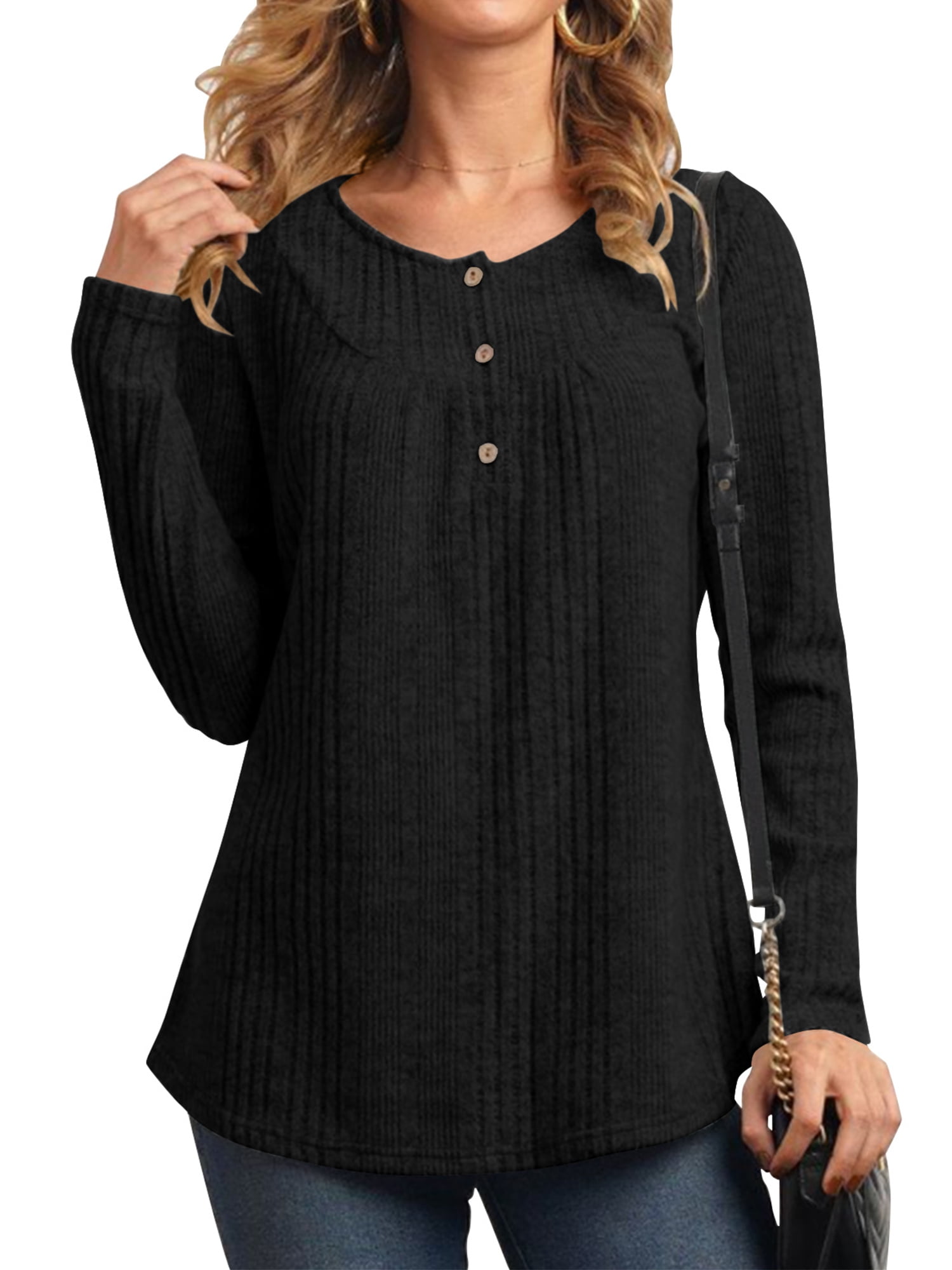 TEMOFON Womens Tops Fall Casual Button Crew Neck Henley Shirts Long ...