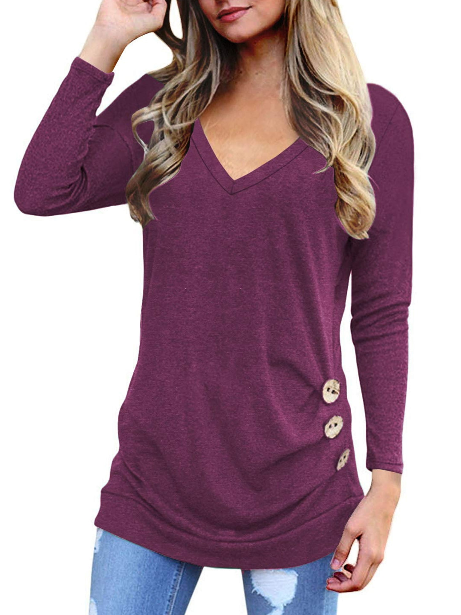 TEMOFON Womens Tops Long Sleeve Shirts for Women V-Neck Cute T Shirt ...