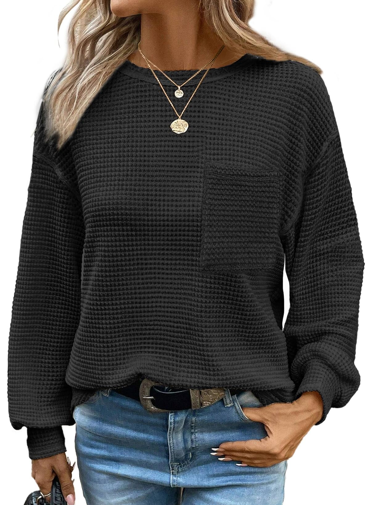 TEMOFON Womens Waffle Knit Tops Crew Neck Long Sleeve Shirts Casual ...