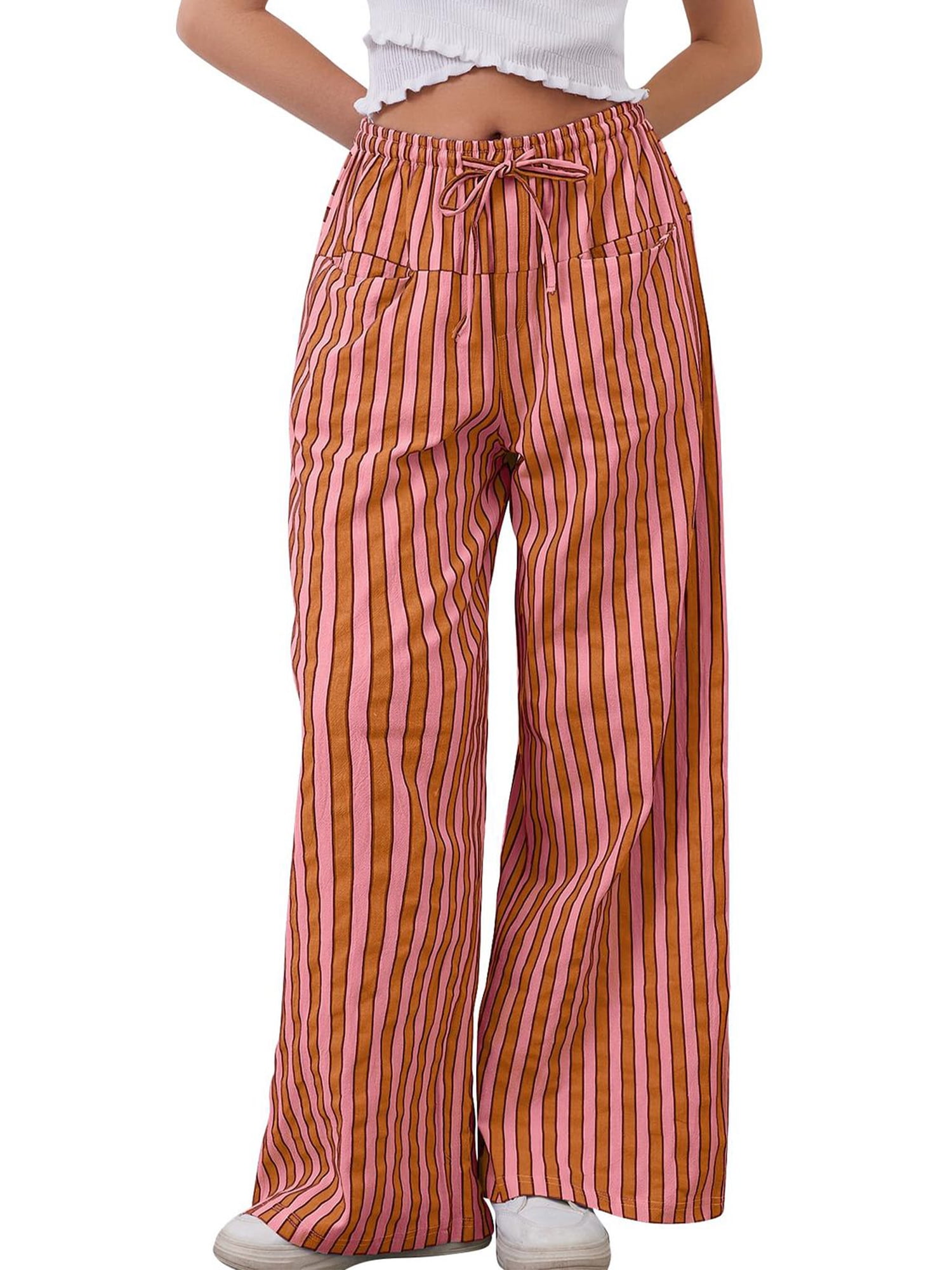 TEMOFON Womens Wide Leg Pants Casual Palazzo High Waist Striped Pants ...