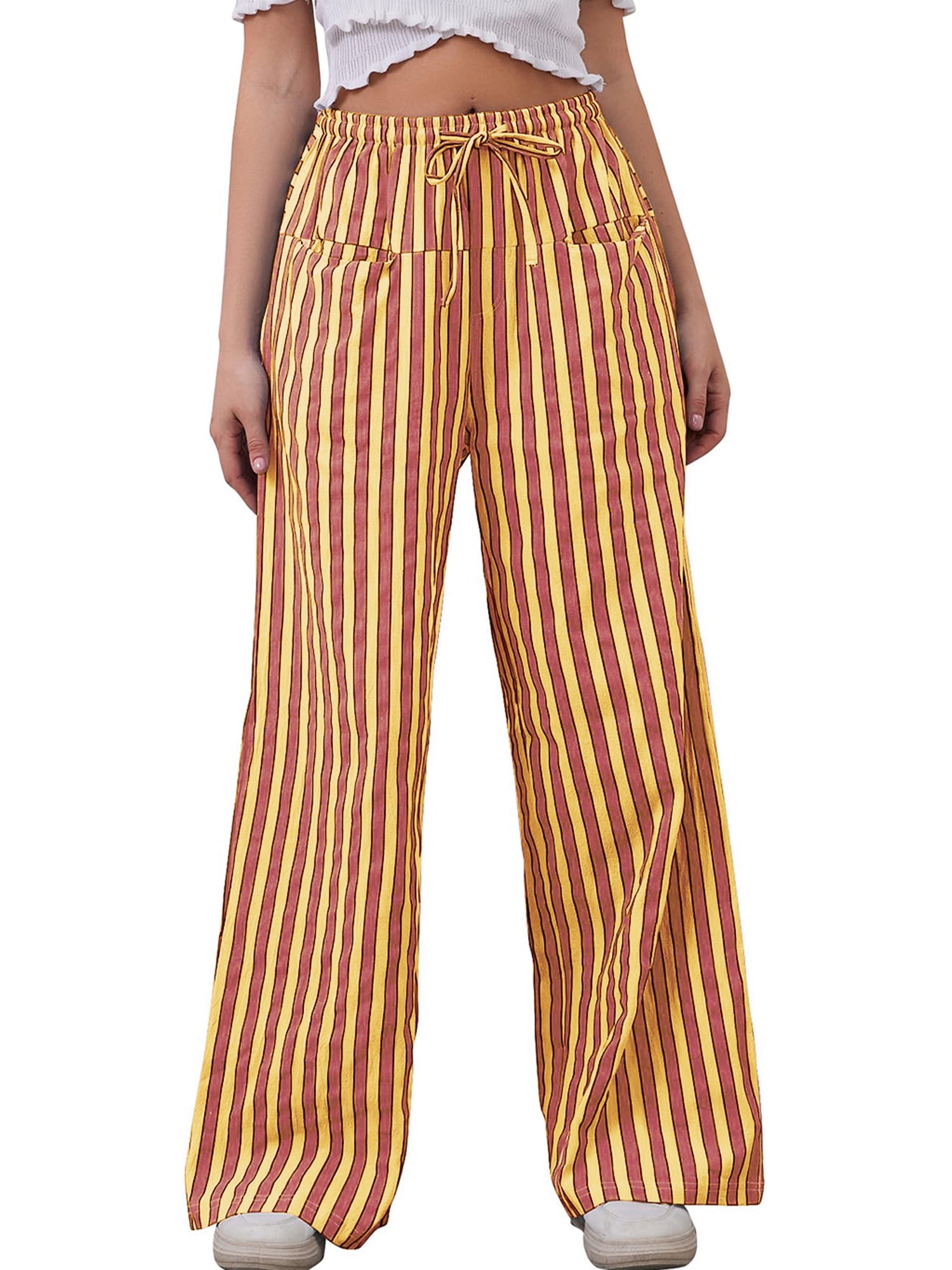 TEMOFON Womens Wide Leg Pants Drawstring Striped Trousers Casual ...